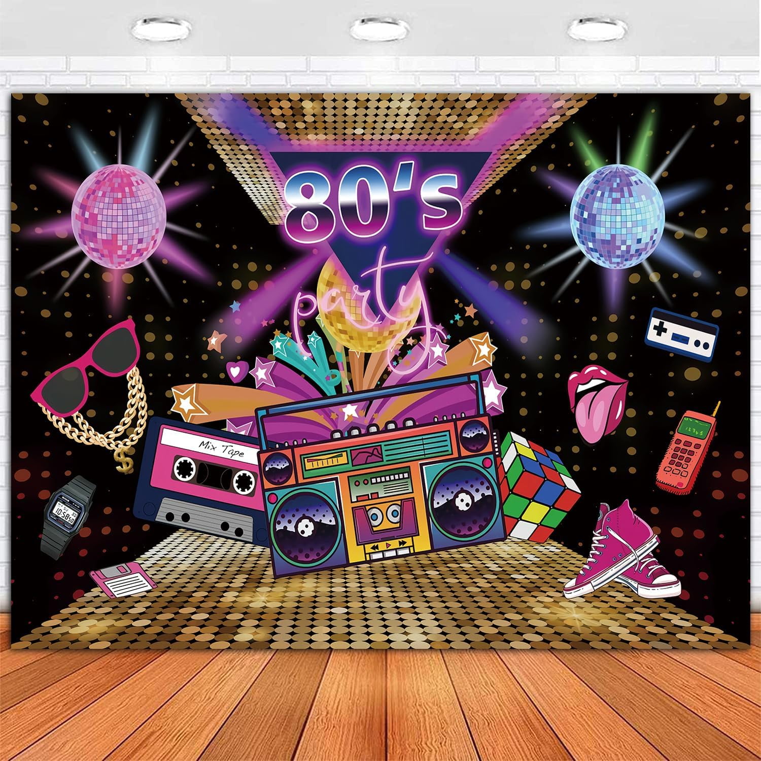 80's Party Backdrop Disco Background Banner Urban Retro Happy Birthday ...