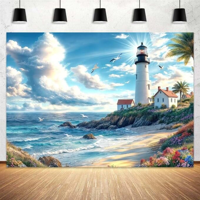 80 x 60 Inch Beach Ocean Backdrop, Lighthouse Background Summer Beach ...