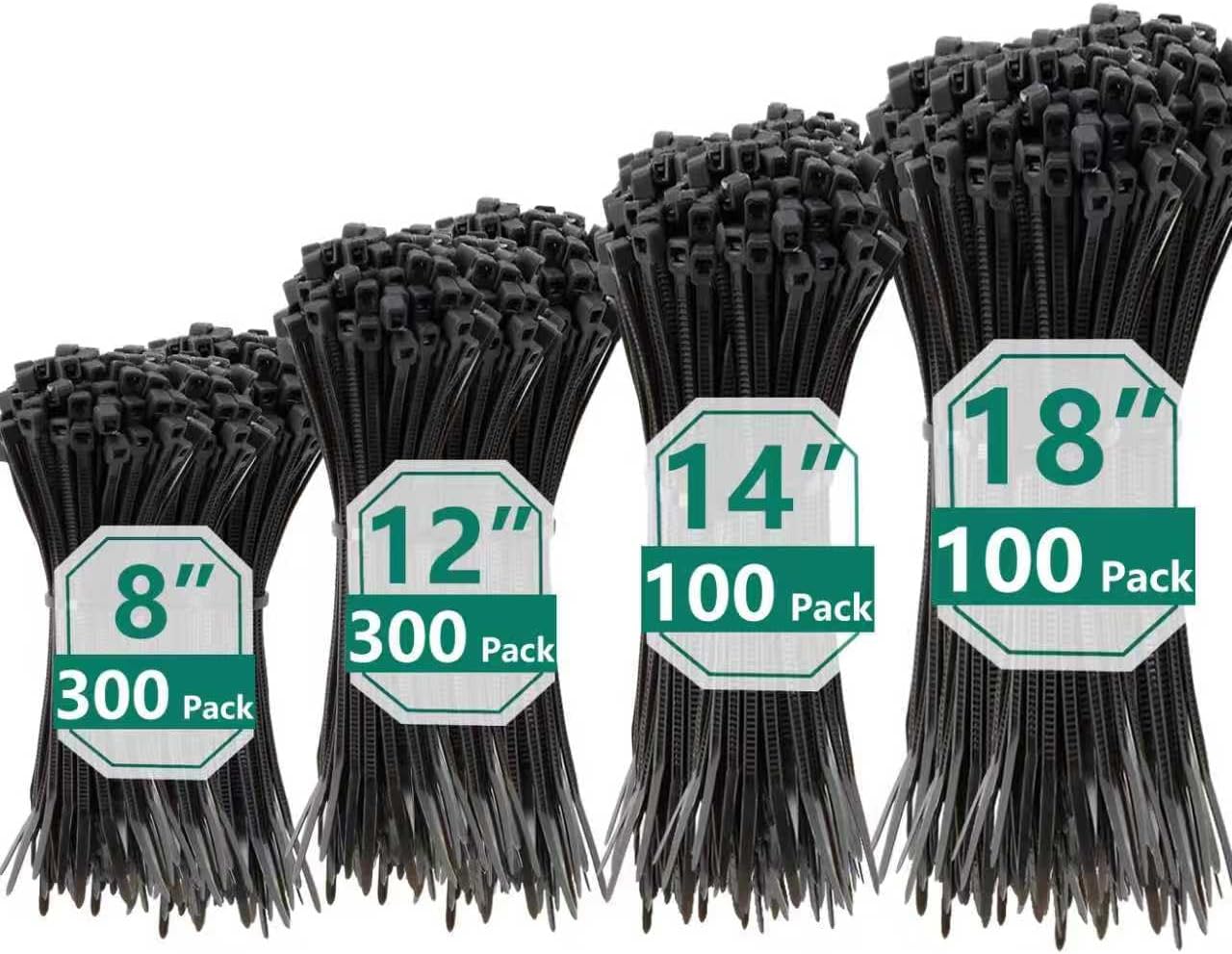 800 PCS Black Zip Ties Assorted Sizes 8+12+14+18 Inch Self-locking ...
