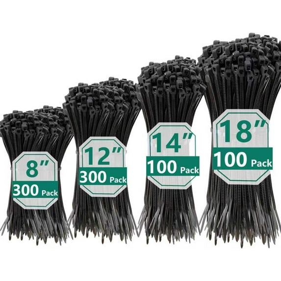800 PCS Black Zip Ties Assorted Sizes 8+12+14+18 Inch Self-locking ...