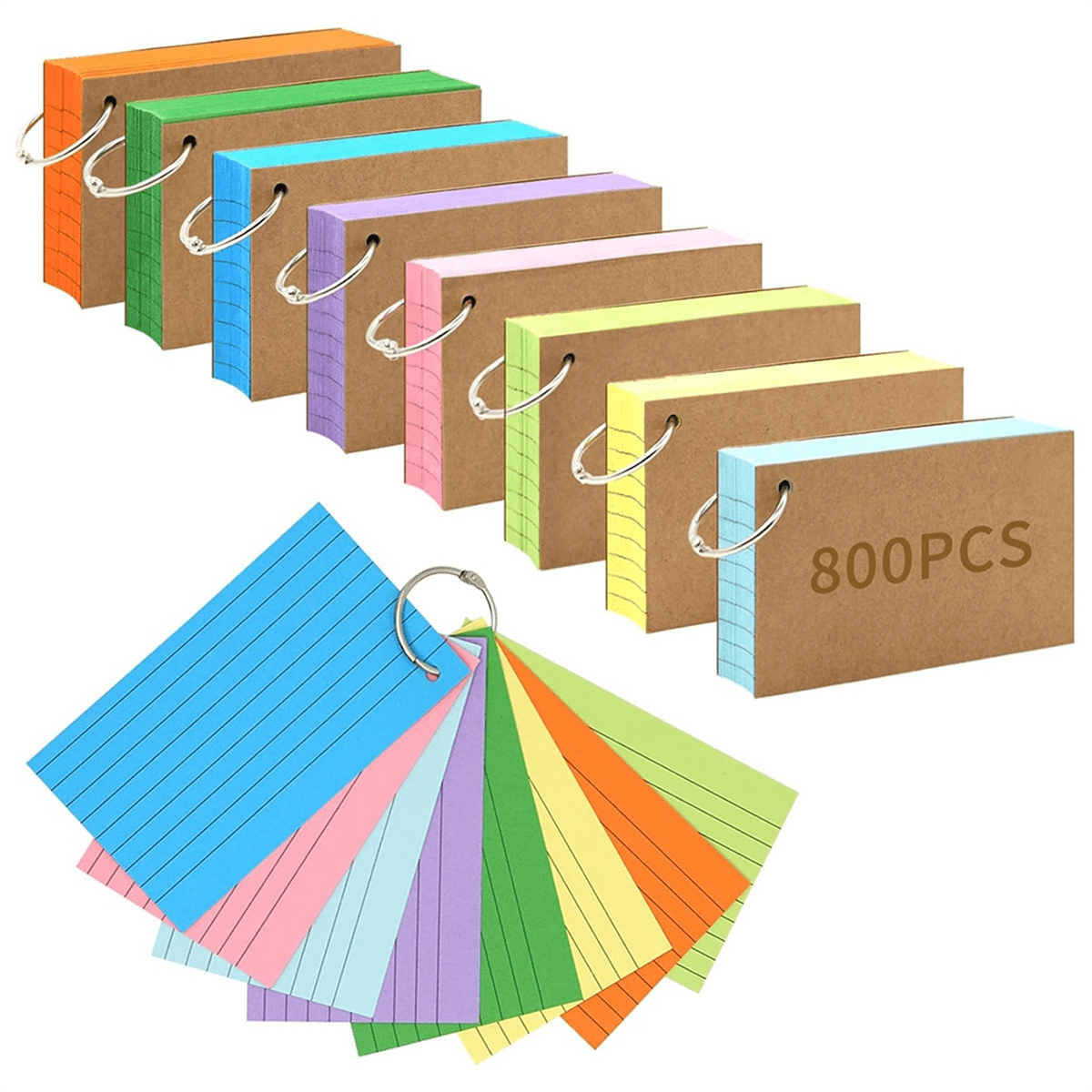 800 PCS Index Cards 3x5 Inches Colored Flash with Ring, Punched Lined ...