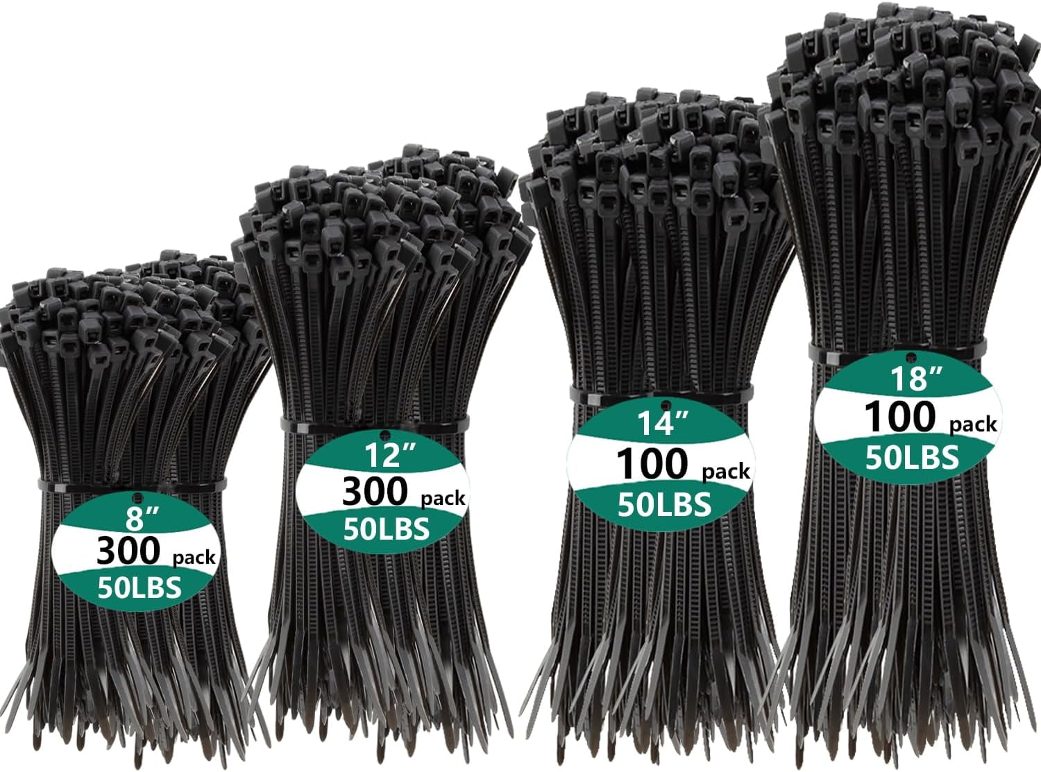 800 count Black Zip Ties Assorted Sizes 8+12+14+18 Inch Self-locking ...