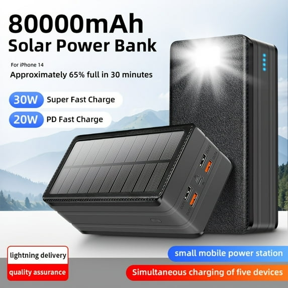 80000mAh Solar Power Bank, 30W Fast Charging, 5 Outputs 2 Inputs, LED ...