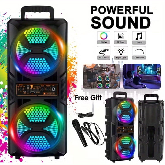 8000W Bluetooth Party Speaker with Dual 6.5" Drivers, LED Lights, USB ...