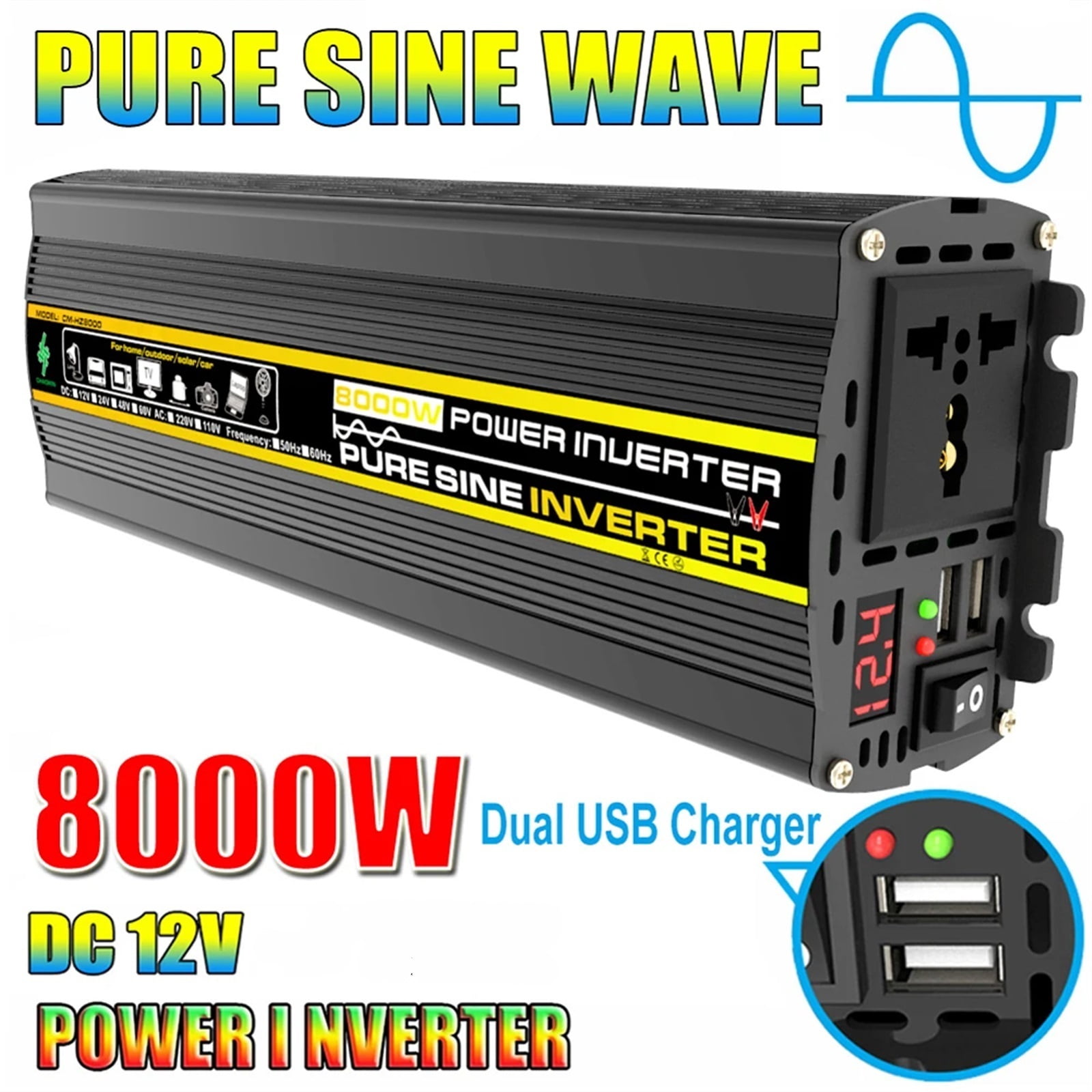 8000W Intelligent Car Power Inverter 3000W-6000W Dual USB Vehicle Smart Inverter Pure Sine Wave ...