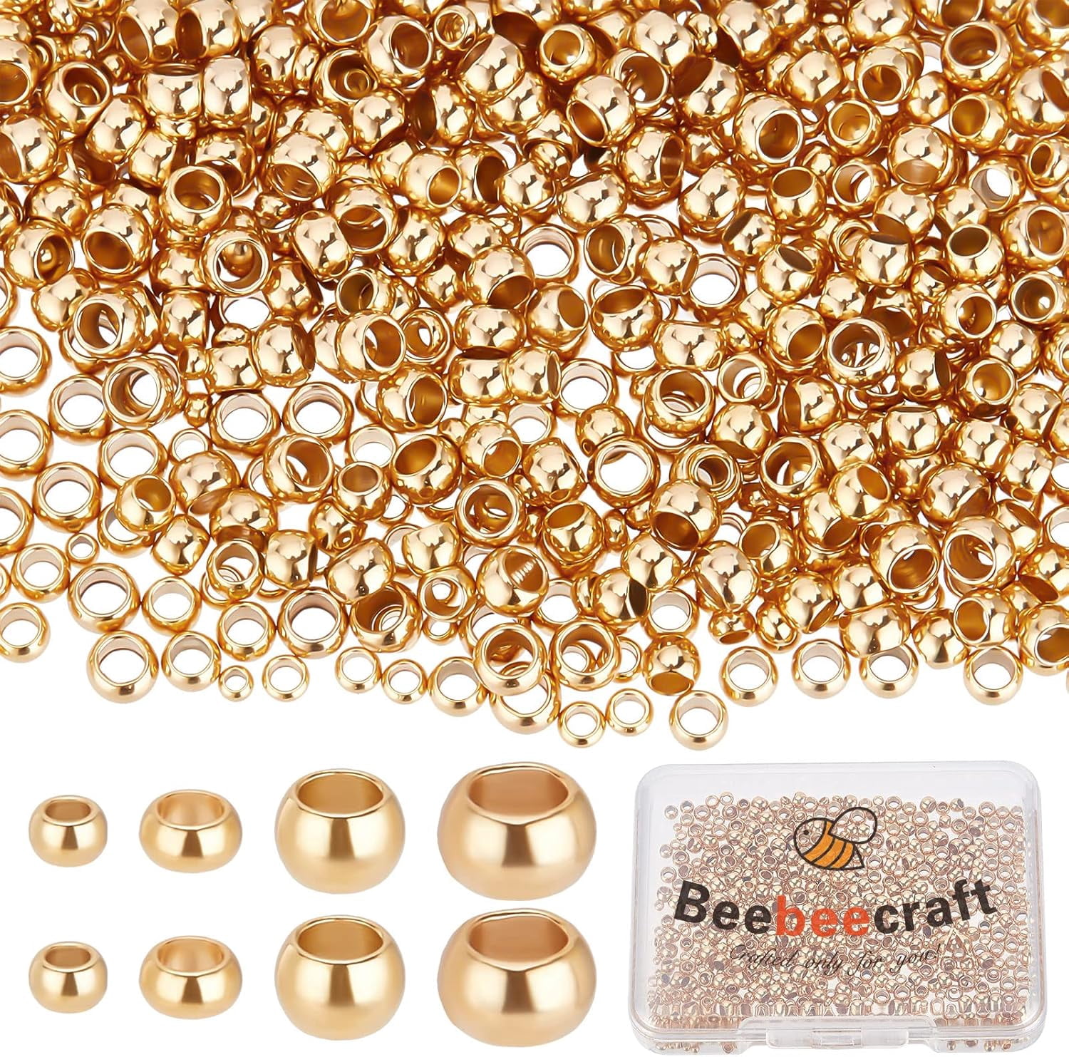 800Pcs/Box 4 Size Crimp Tube Beads 24K Gold Plated Stainless Steel ...