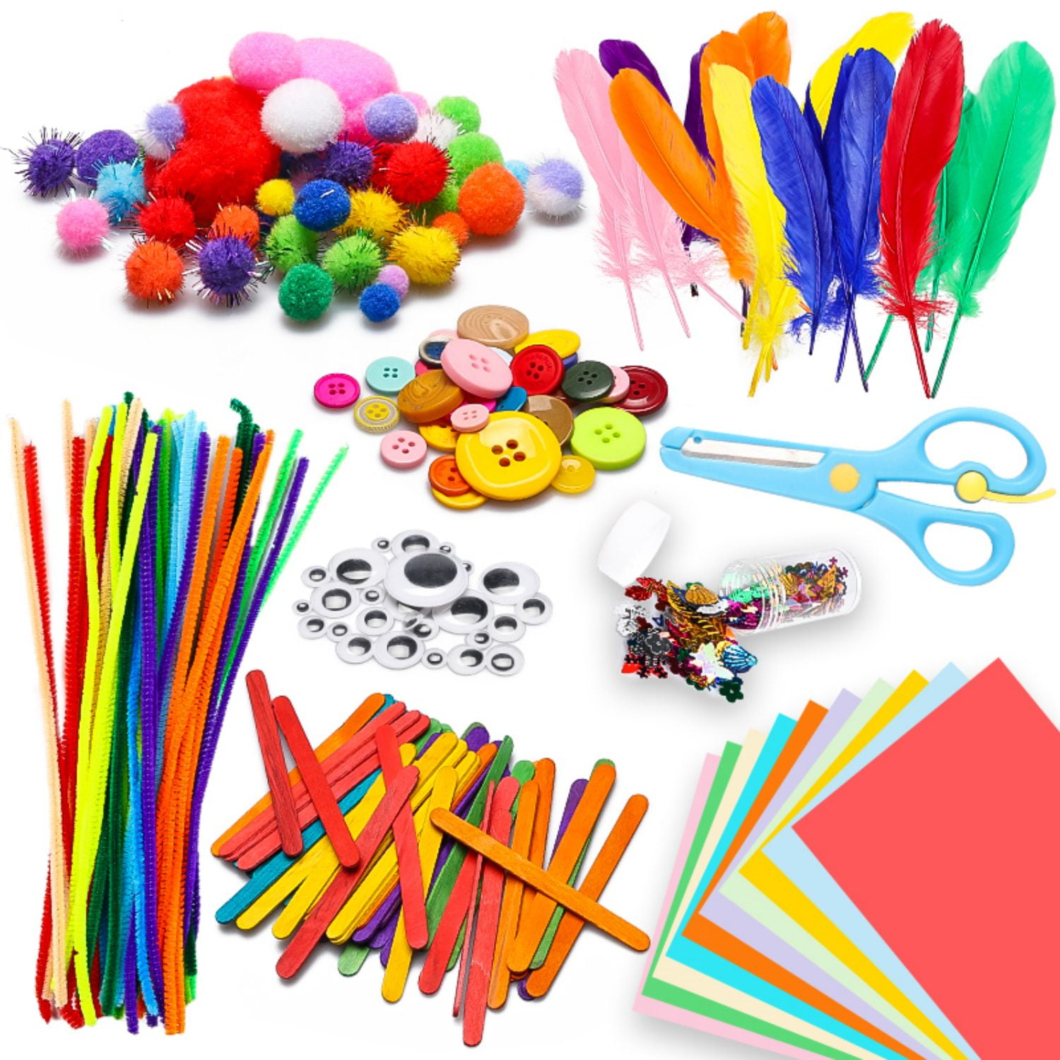 800Pcs DIY Art Craft Kit for Kids Creative Pompoms Pipe Cleaners Feathers Wiggle Googly Eyes ...