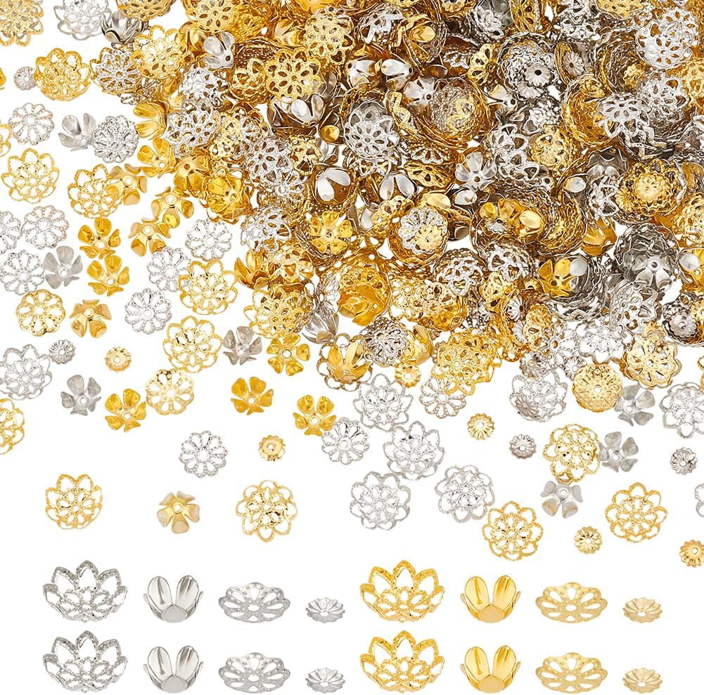 800Pcs Flower Bead Caps Bulk Gold Silver Spacer Beads Caps Metal Hollow ...