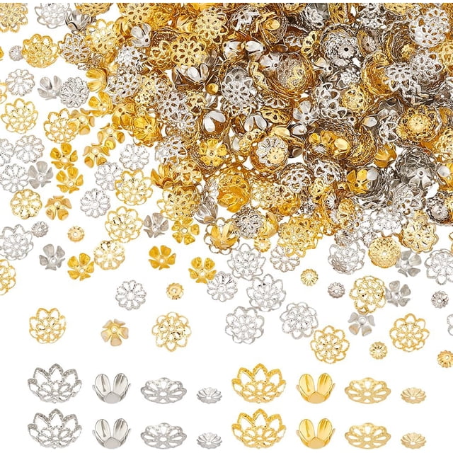 800Pcs Flower Bead Caps Bulk Gold Silver Spacer Beads Caps Metal Hollow ...