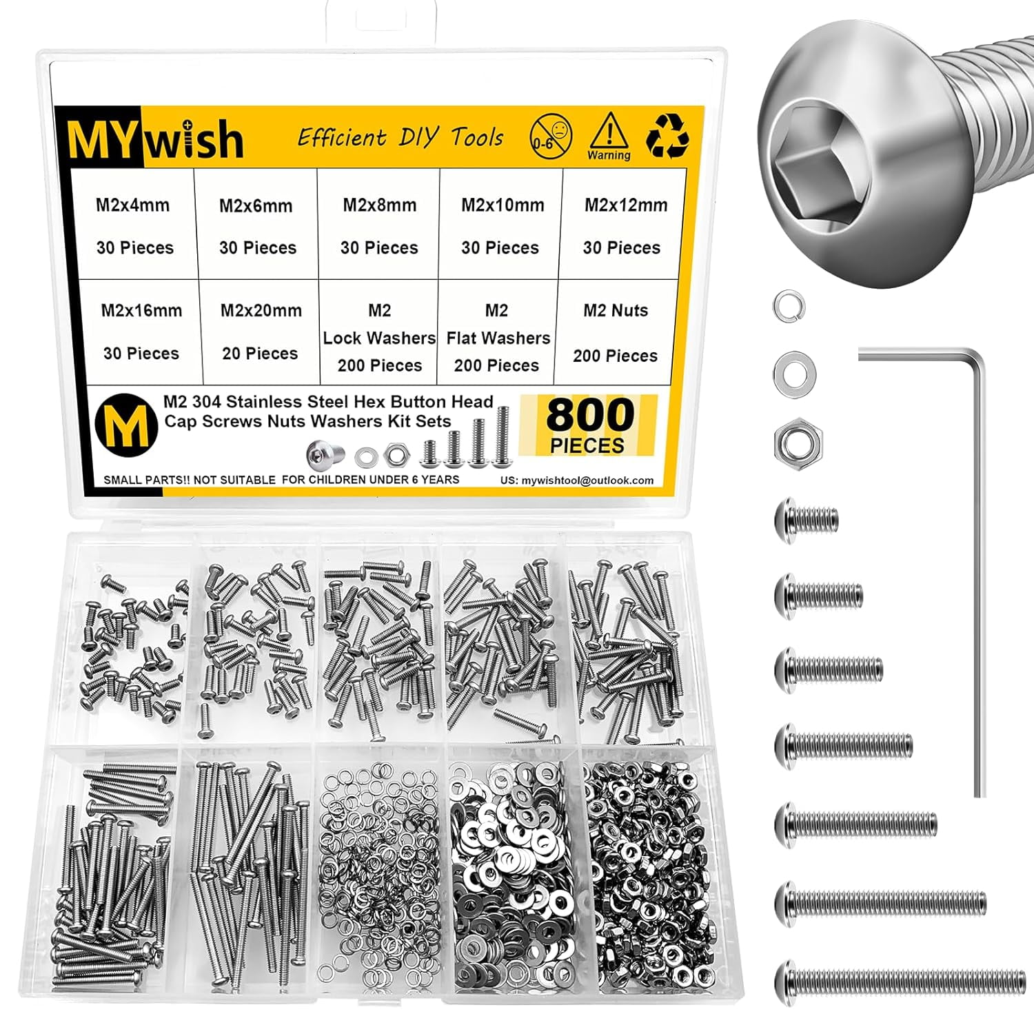 800Pcs M2 Metric Screw Assortment, 304 Stainless Steel Bolts and Nuts Kit, Hex Socket Button ...