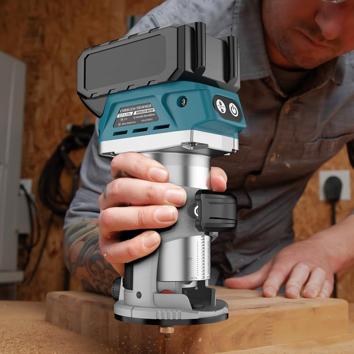 800W Cordless Compact Wood Router Tool for 18V Battery, 6 Speeds ...