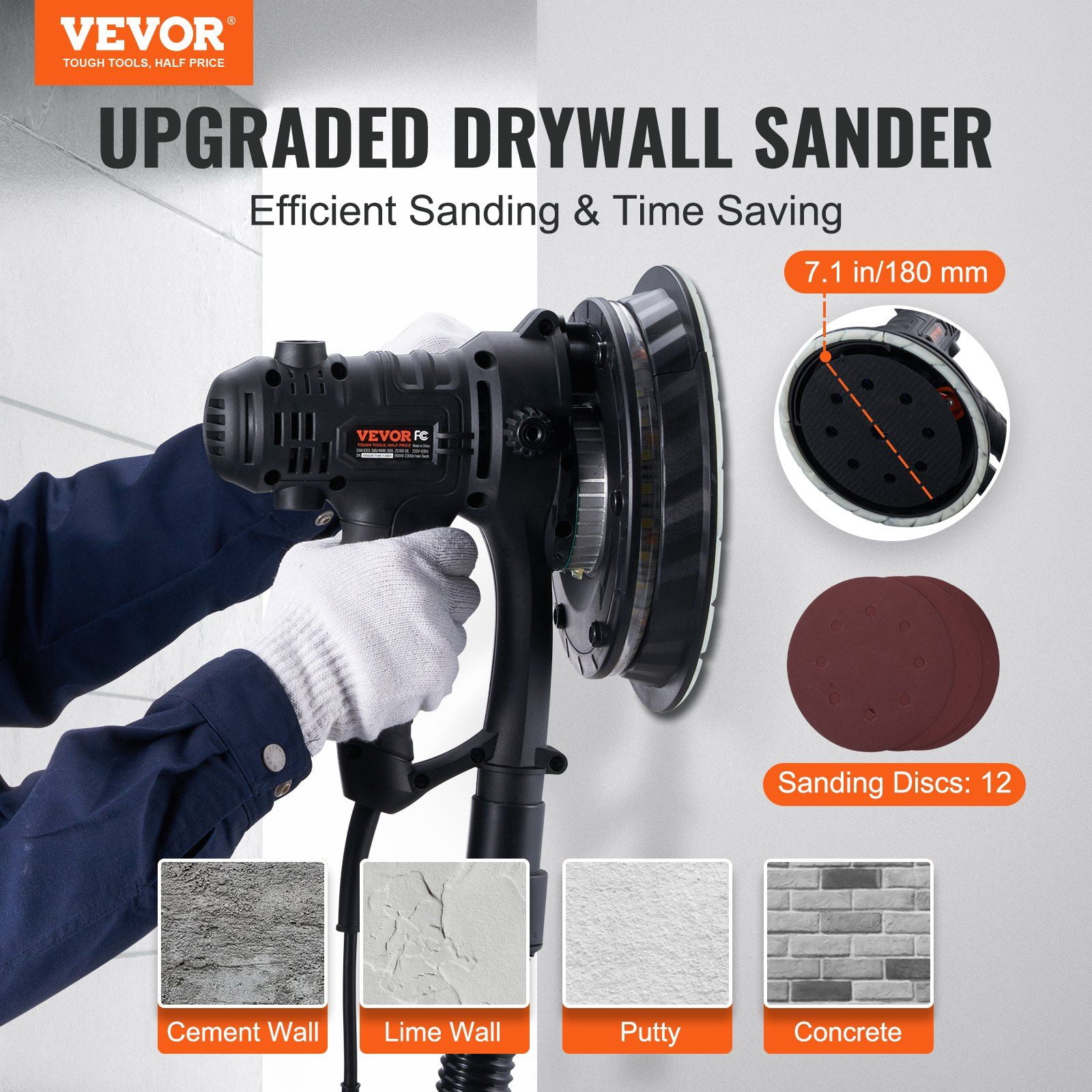 800W Drywall Sander with Brush Motor, 1200-2300 RPM Variable Speed ...