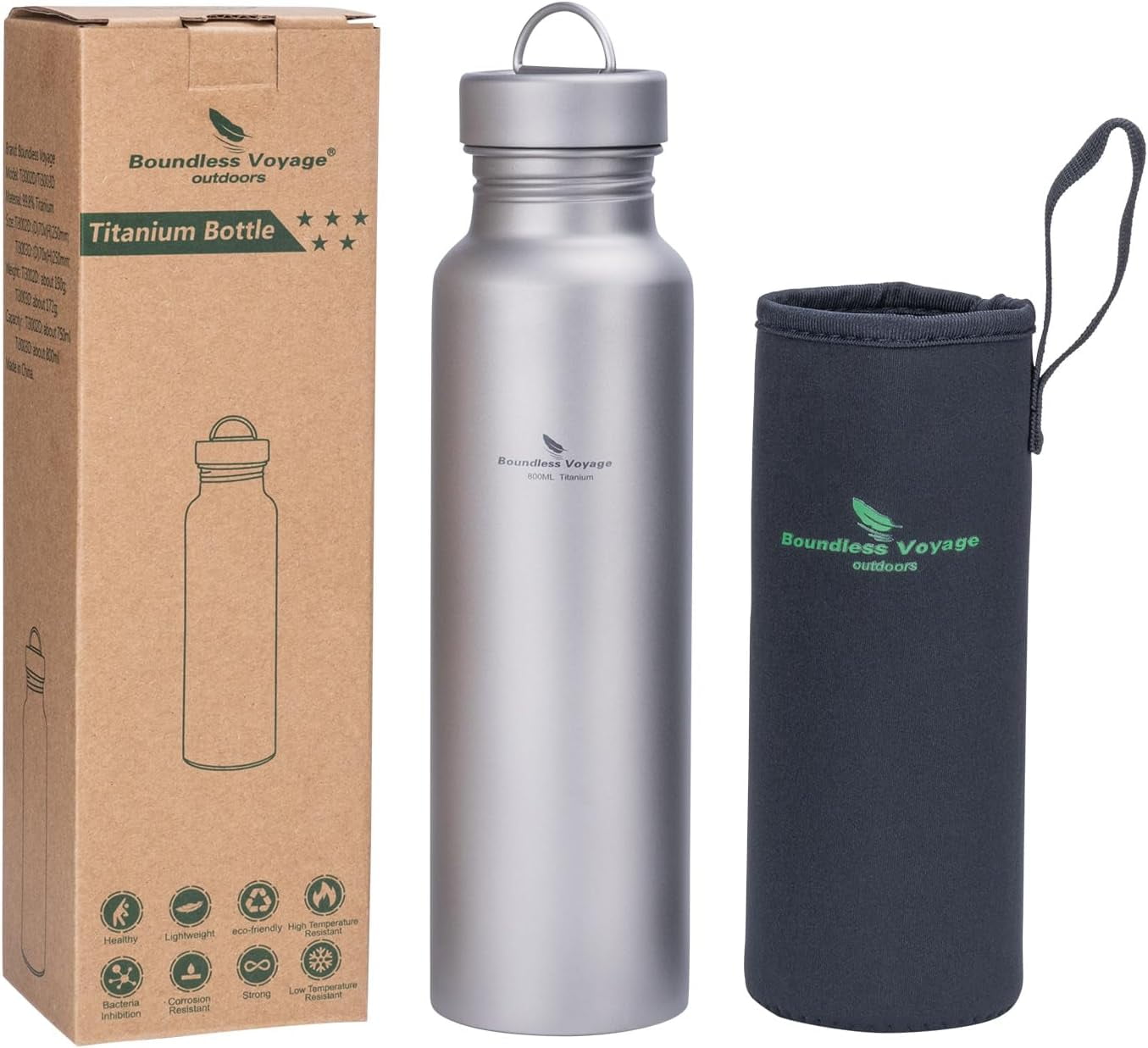 800ml Titanium Sport Bottle with Leakproof Lid & Hook Camping Cycling ...