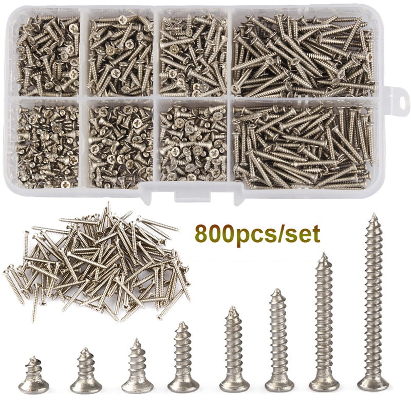 800pc Chrome M2 Stainless Steel Flat Head Self-Tapping Screw Kit, Class ...