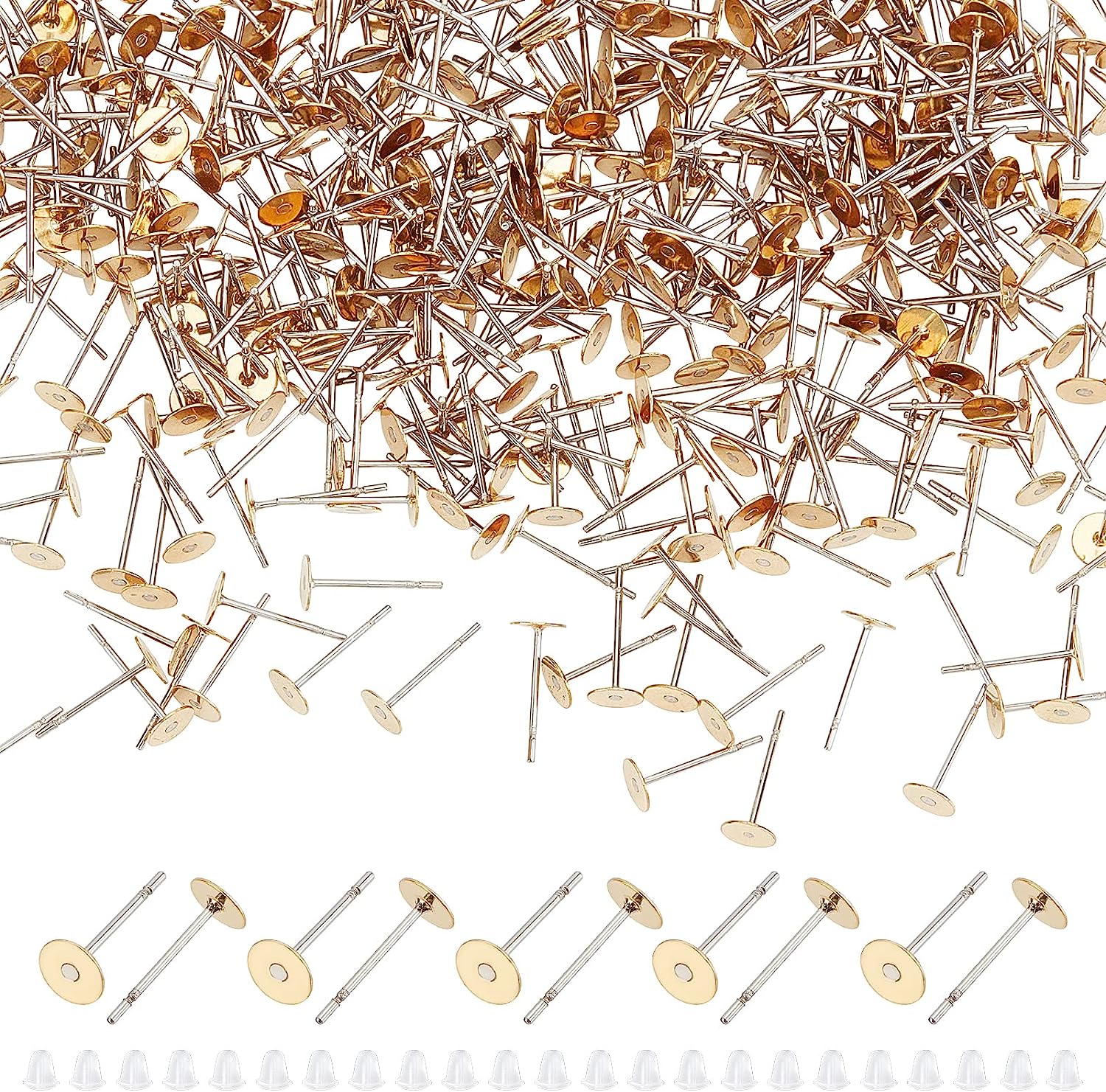 800pcs 5mm 304 Stainless Steel Flat Pad Earring Studs Golden Blank Peg ...