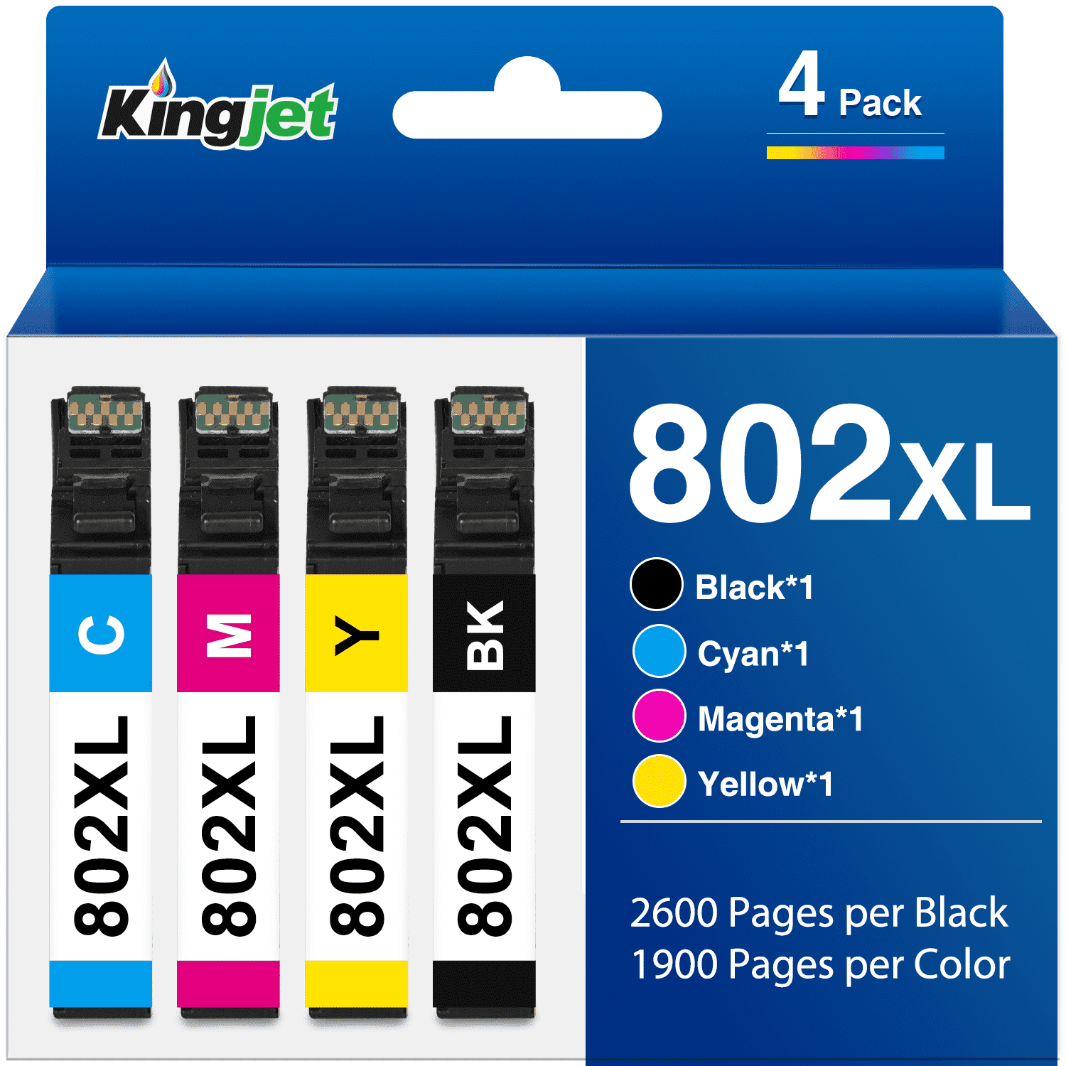 Kingjet 802XL Ink Cartridge Replacement, Black Cyan Magenta Yellow, 4 ...