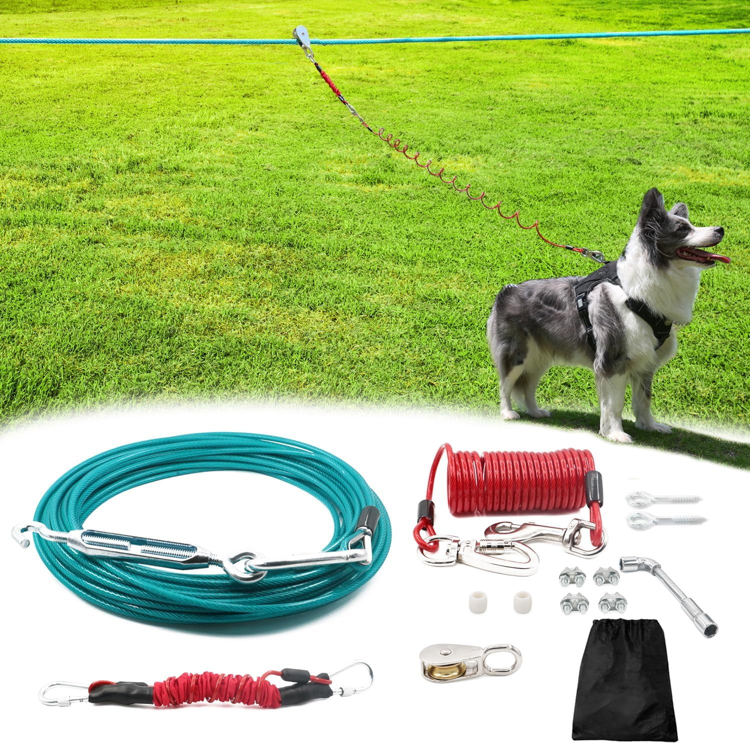 80FT Dog Run for Yard Heavy Duty with 10FT Tie Out Cable, Outdoor Leash ...