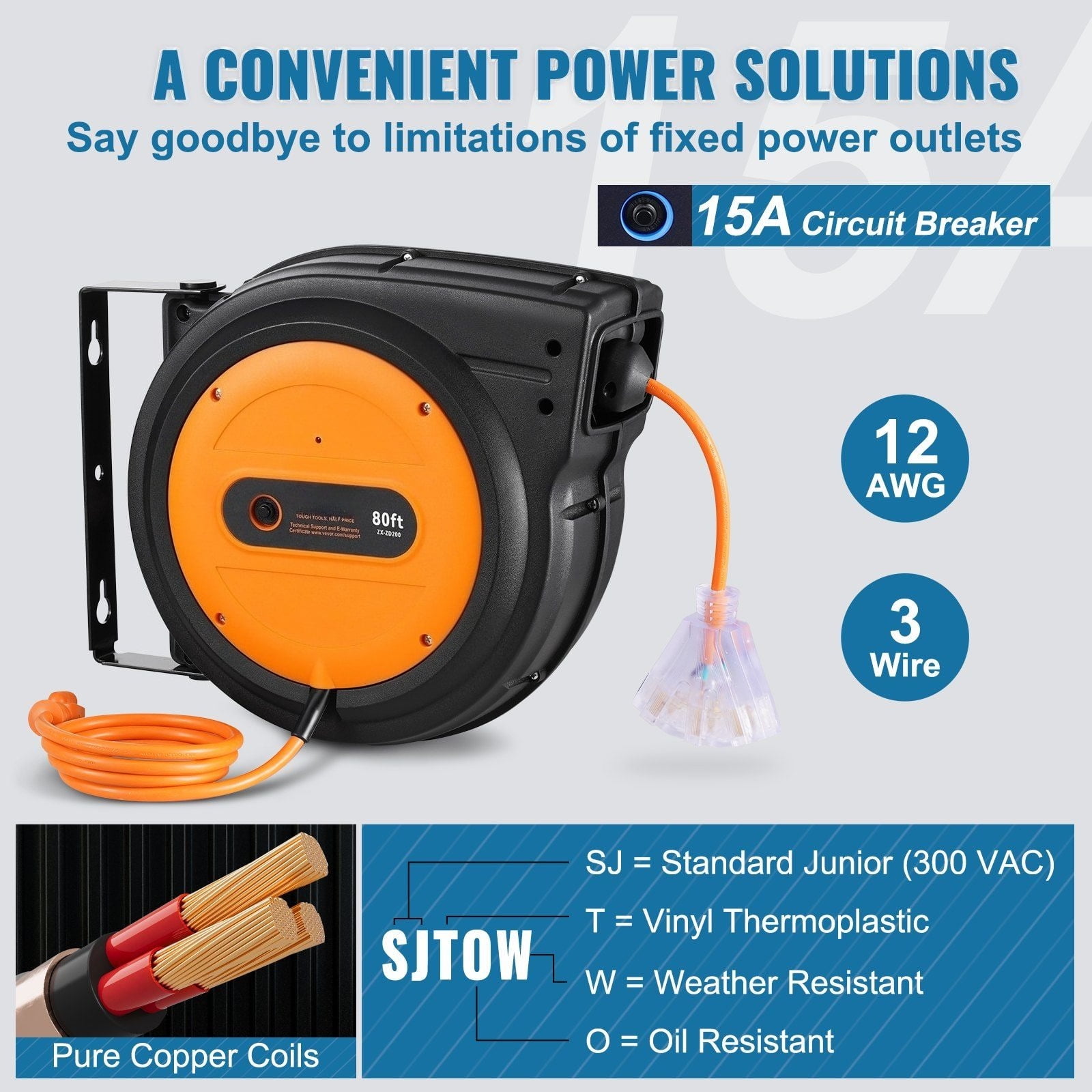 80FT Retractable Extension Cord Reel with 3 Outlets, 12/3 AWG SJTOW ...