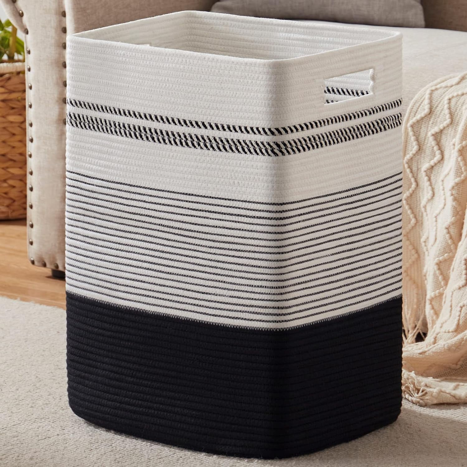 80L Large Cotton Rope Laundry Basket for Bedroom & Laundry Room, Tall ...