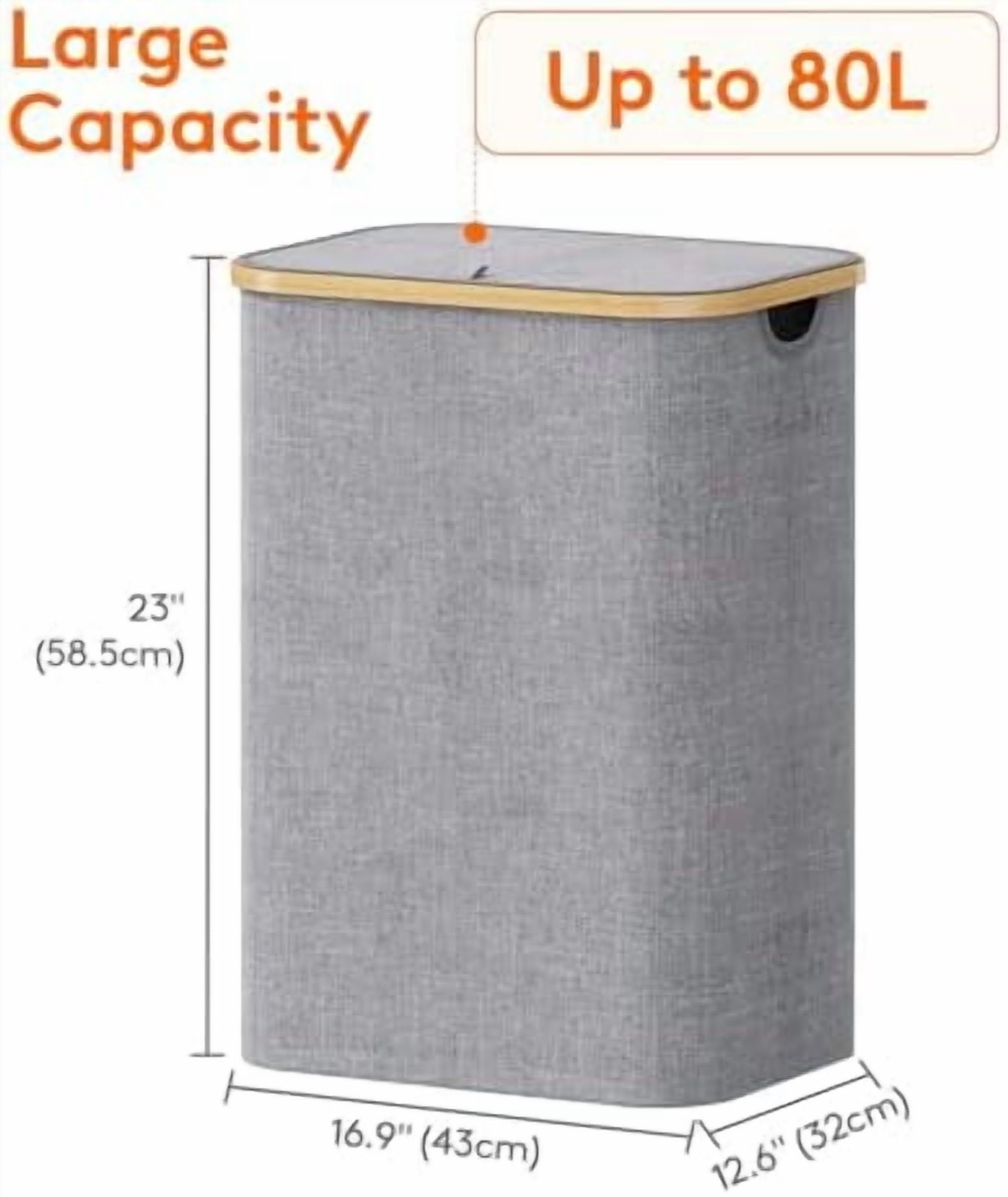 80L Laundry Basket with Lid, Clothes Hampers for Laundry with Bamboo ...