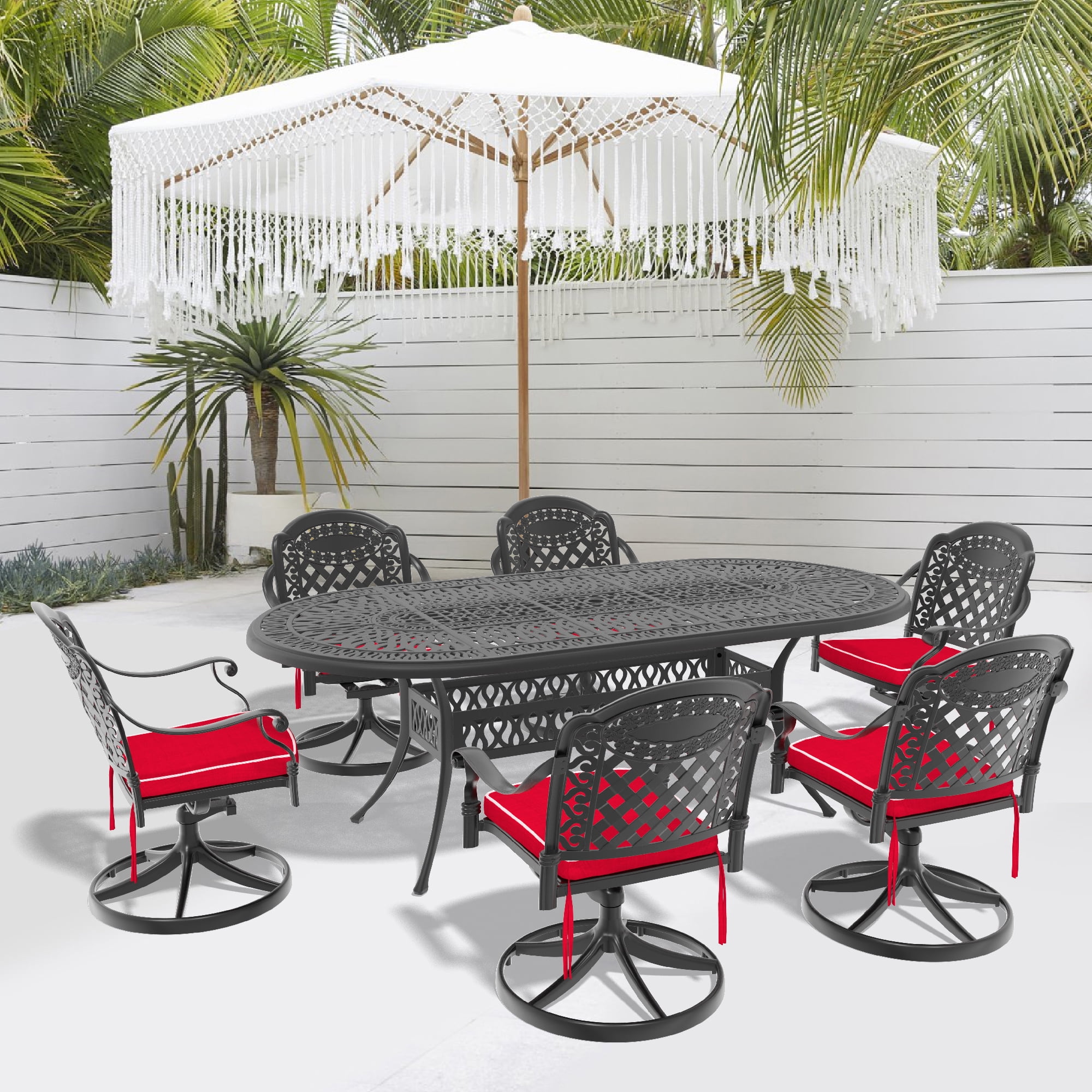 Hzzkey 7-Piece Oval Cast Aluminum Patio Set with Swivel Chairs,Cushions ...