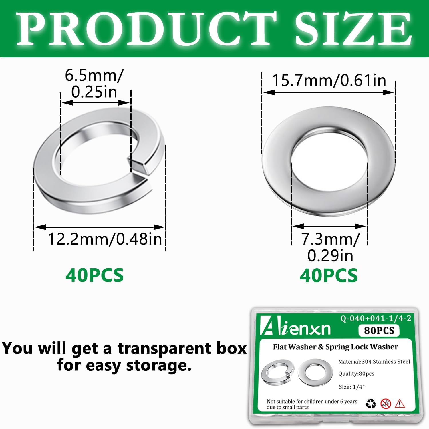 80PCS 1/4" Flat Washer and Spring Lock Washers, 40PCS Spring Lock ...