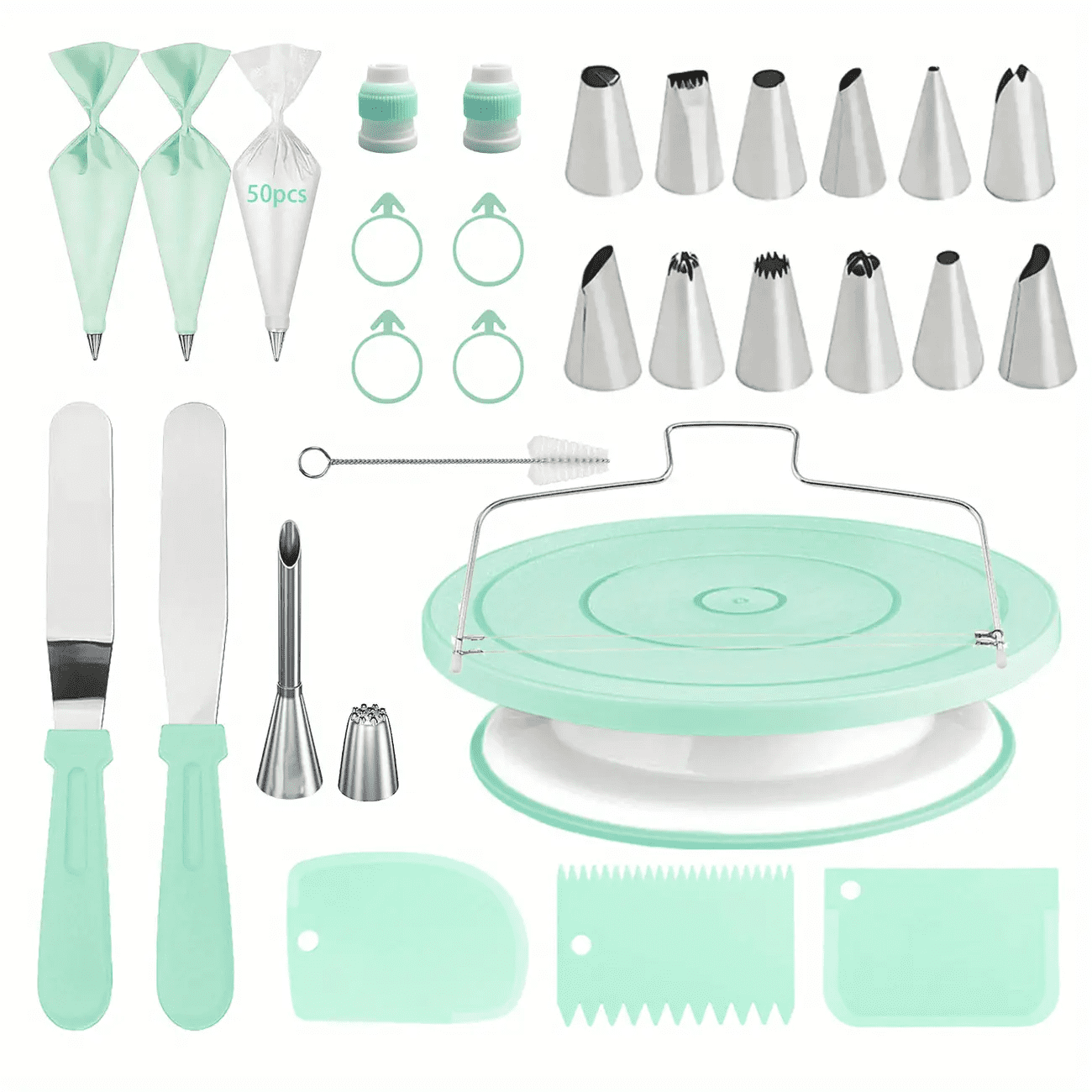80PCS Cake Decorating Set-Non-Slip Turntable with 14 Piping Tips ...
