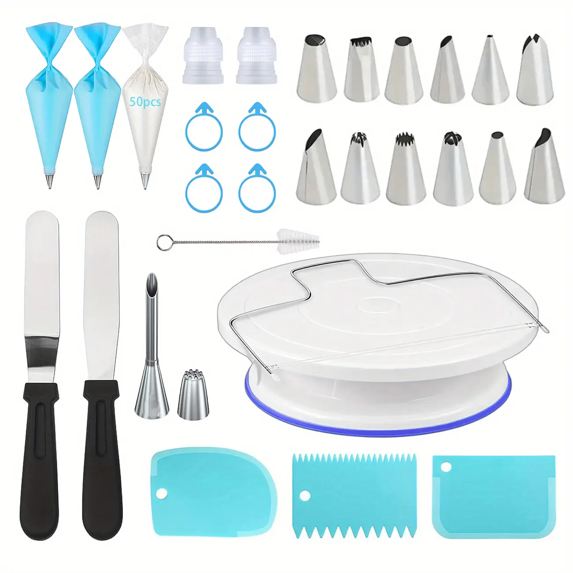 80PCS Cake Decorating Set-Non-Slip Turntable with 14 Piping Tips ...