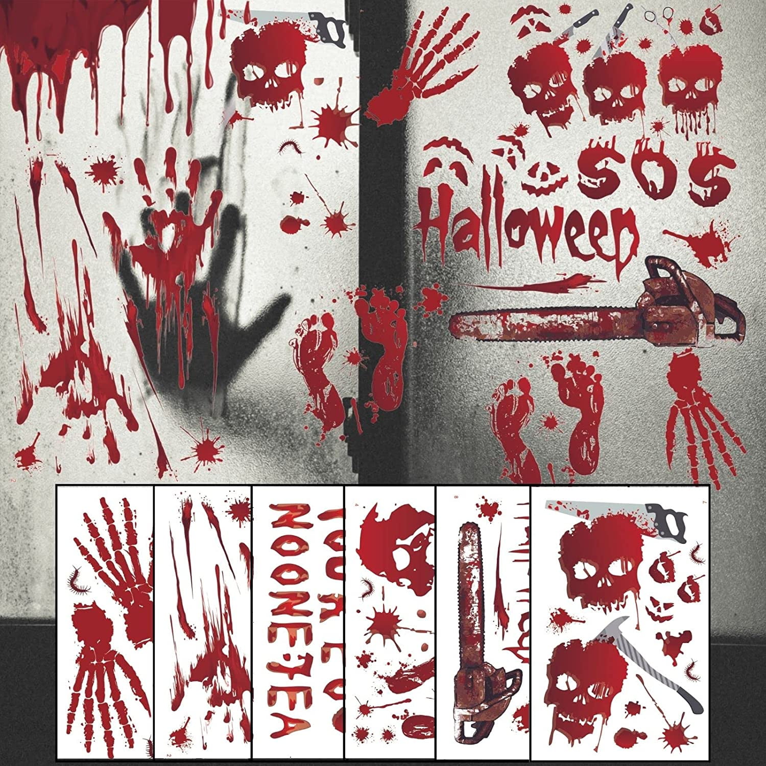 80PCS Halloween Window Clings Decal Decoration,6 Sheets Bloody ...