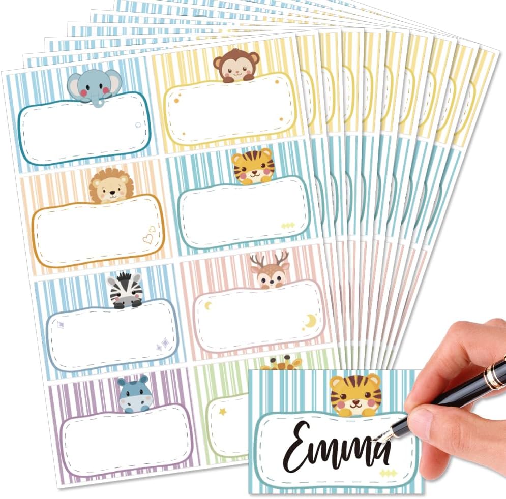 80Pcs/10 Sheets Cartoon Animal Name Tags Stickers 3.3x2.4 Inch Lion ...