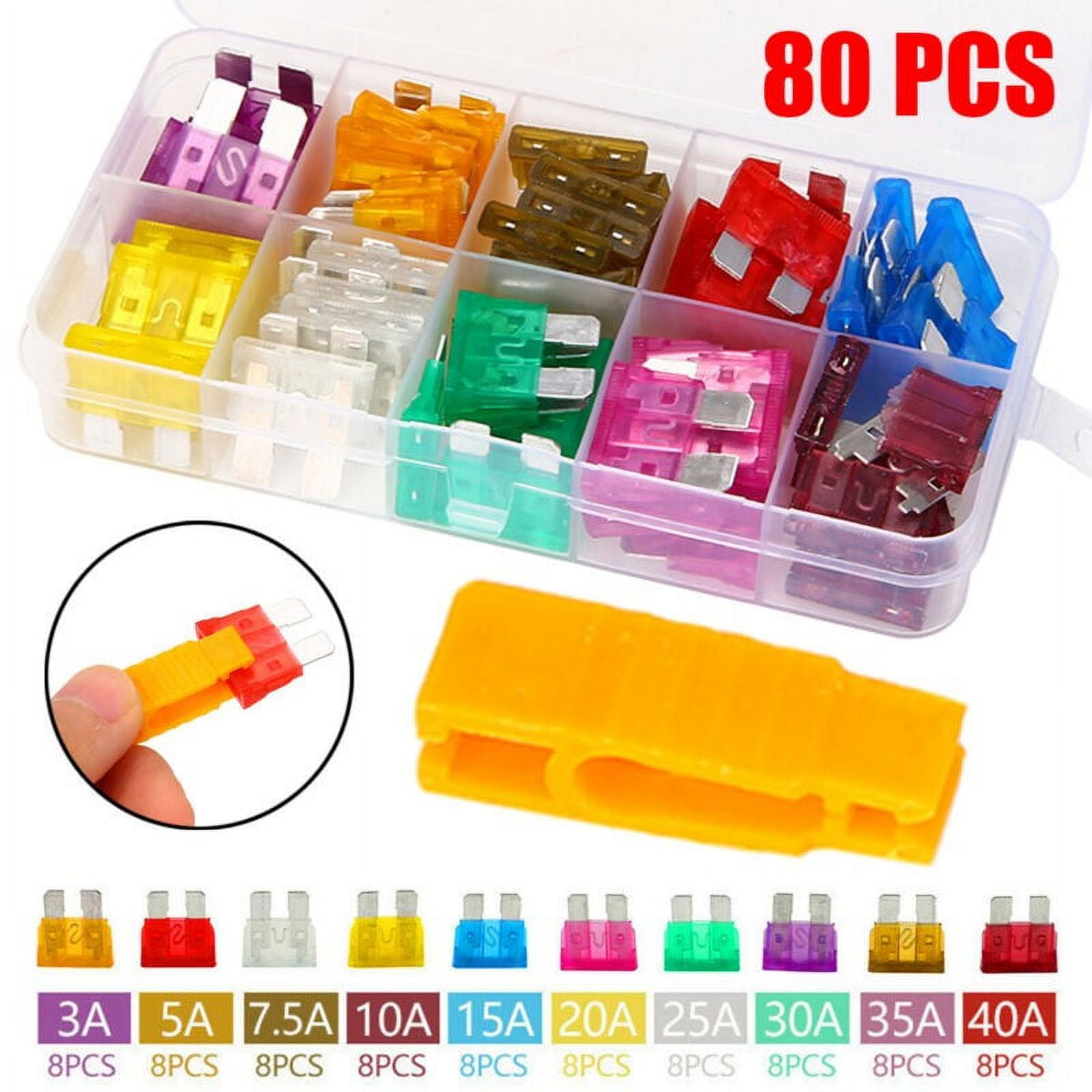 80Pcs 12V Standard Blade Car Fuses 3A~40A Assorted Set + 1Pc Puller Kit ...