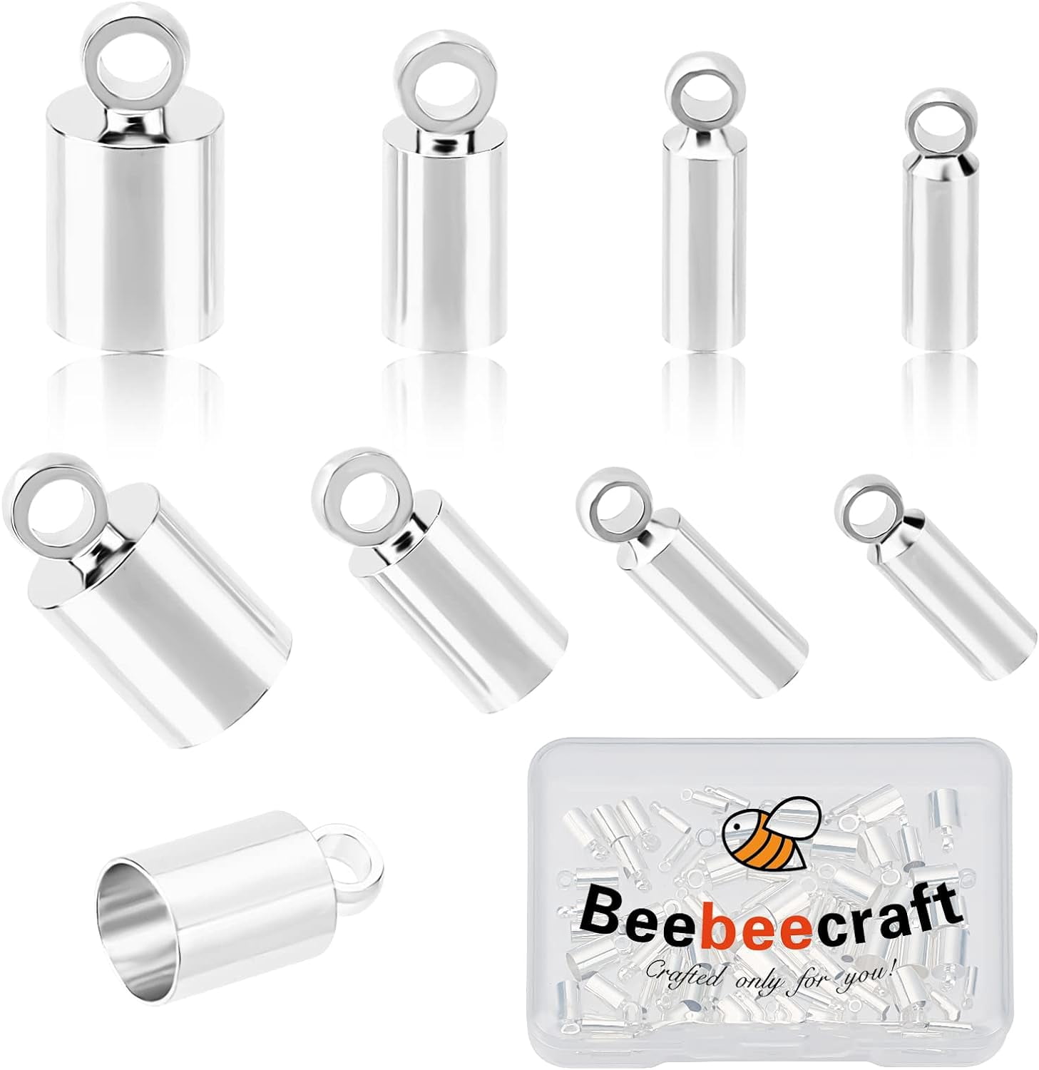 80Pcs 4 Size 925 Sterling Silver Plated Crimp End Caps Smooth Glue-in ...