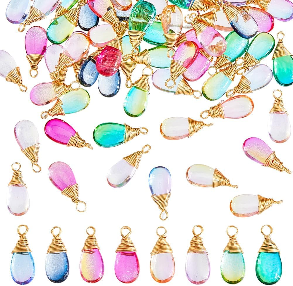 80Pcs 8 Colors Glass Drop Charms Teardrop Charm Wire Wrapped Crystal ...