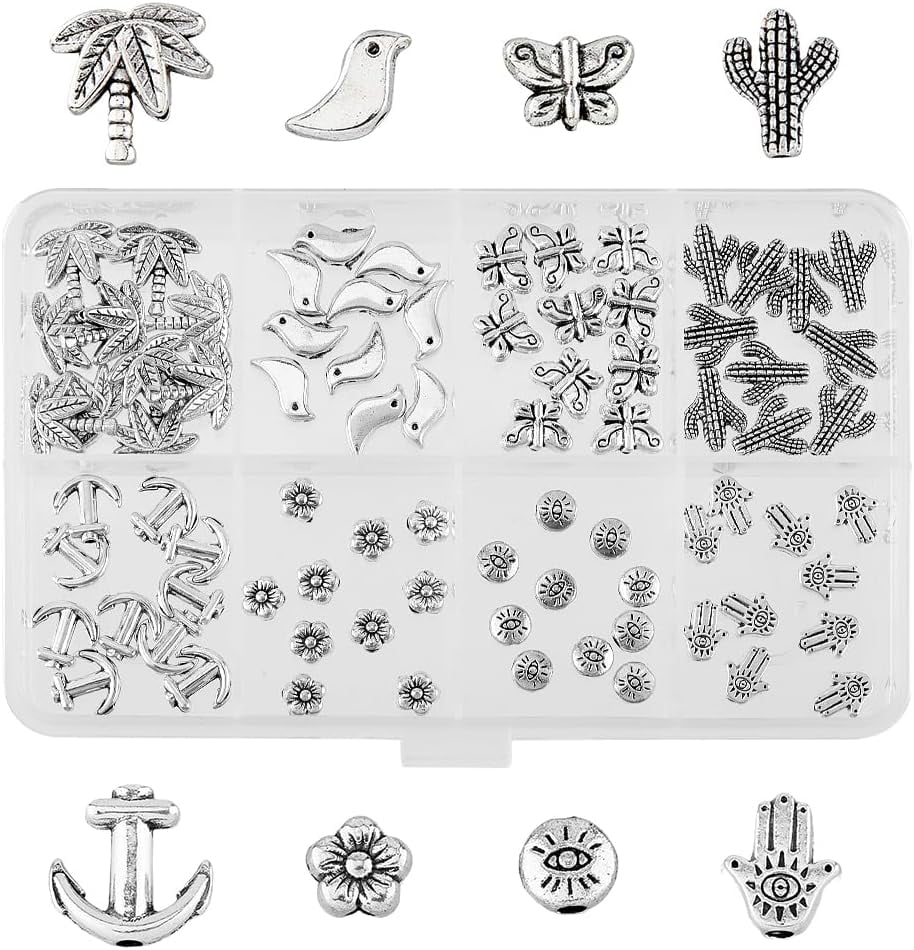 80Pcs 8 Style Silver Spacer Beads Tibetan Hat Metal Gasket Partition ...
