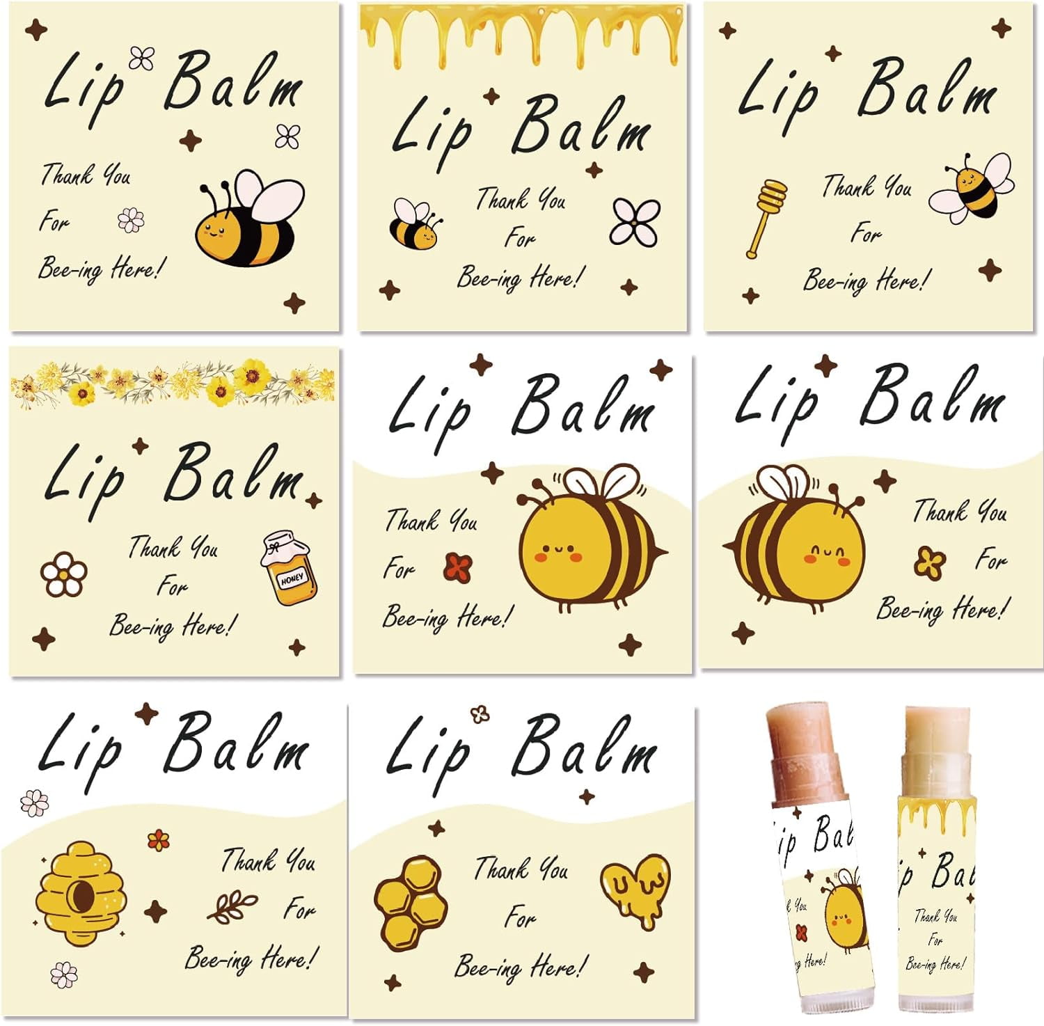 80Pcs 8 Styles Labels for Lip Balm Coated Paper Paster Honey Bee Square ...