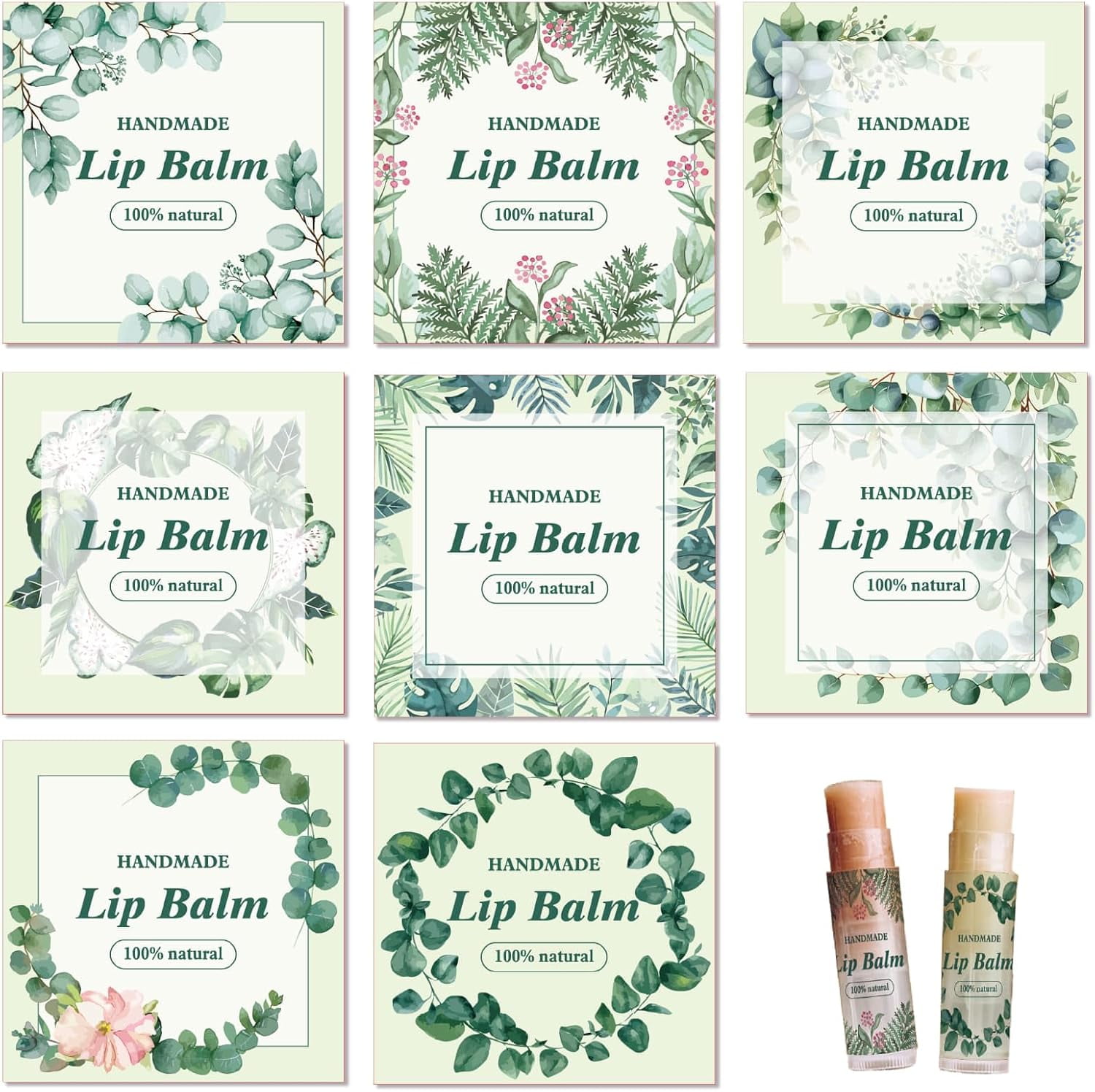 80Pcs 8 Styles Lip Balm Sticker Leaf Green Plant Self-Adhesive Homemade ...