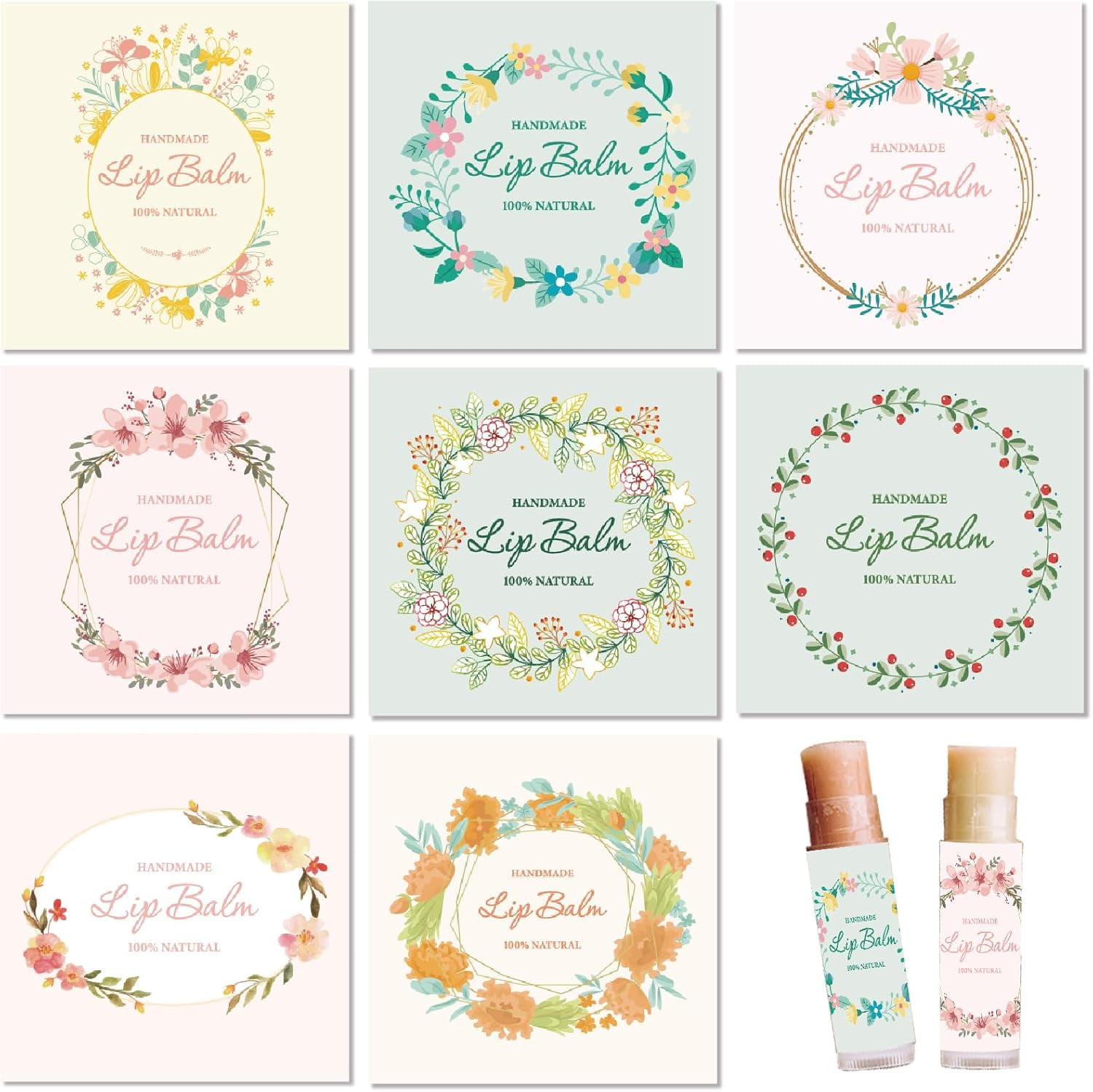 80Pcs 8 Styles Lip Balm Sticker Wreath Flower Floral Leaf Self-Adhesive ...