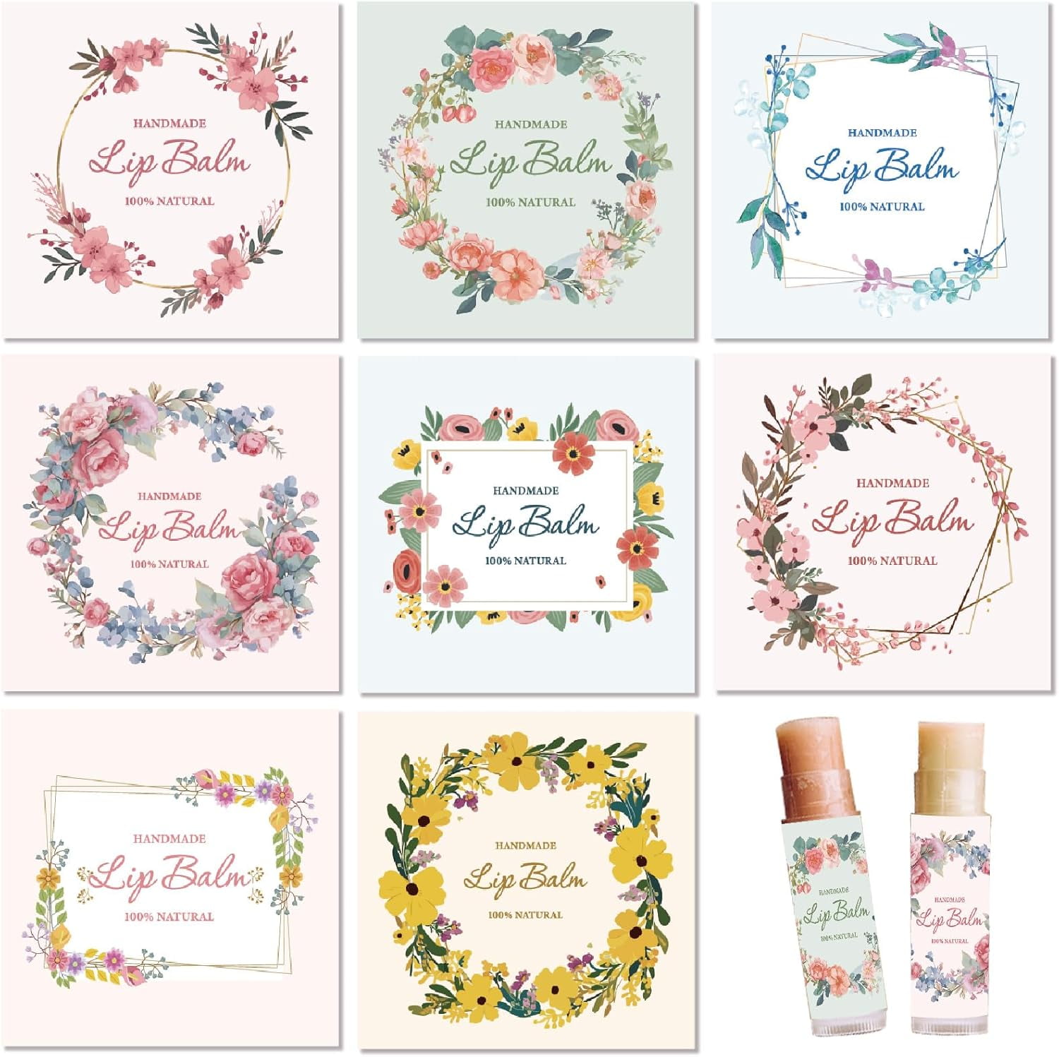 80Pcs 8 Styles Lip Balm Sticker Wreath Flower Plant Rose Sunflower Self ...