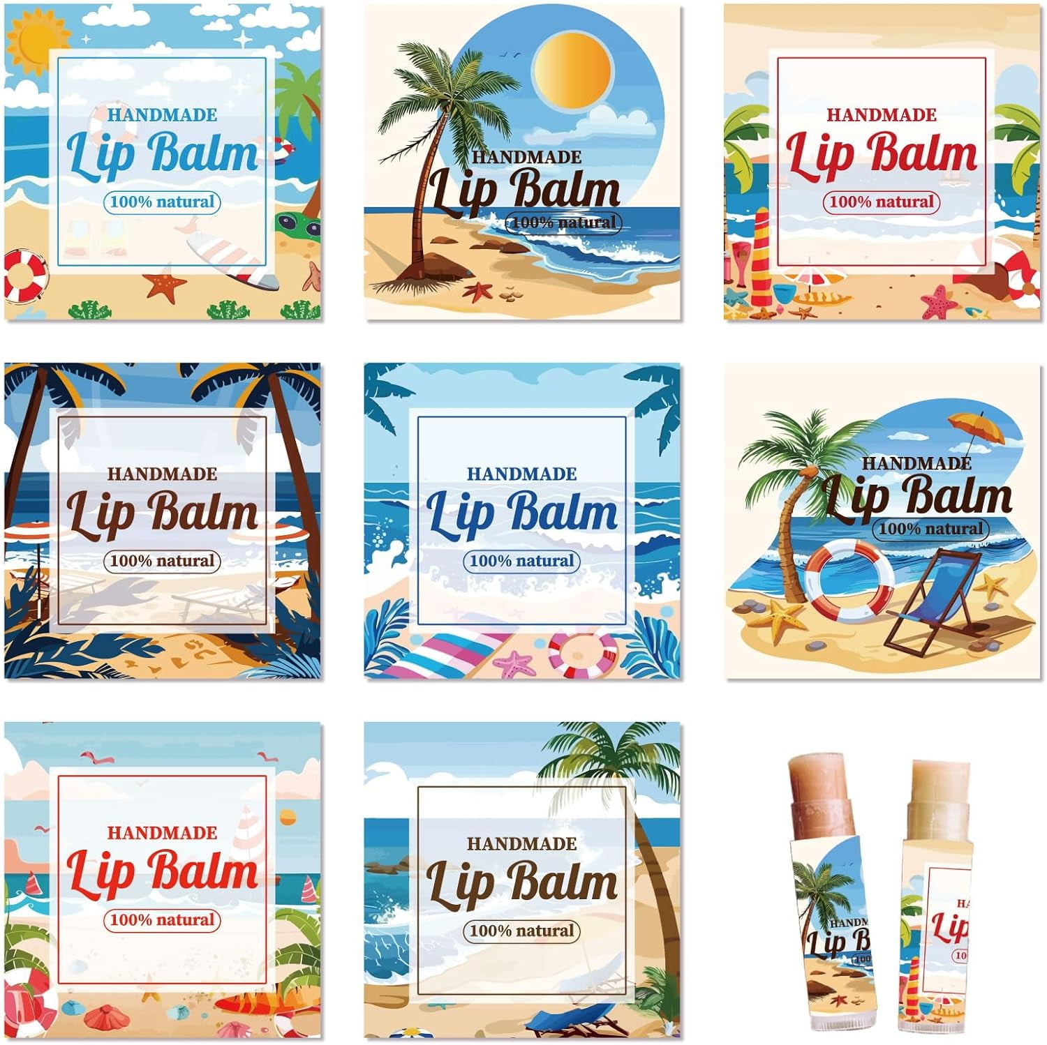 80Pcs 8 Styles Lip Balm Wraparound Sticker Summer Sea Beach Sun Coconut ...