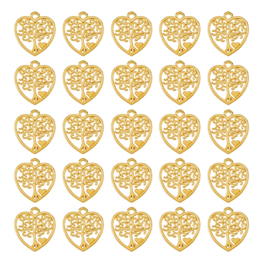 80Pcs Alloy Pendants Heart with Tree of Life Charms Golden 19x17x1mm ...