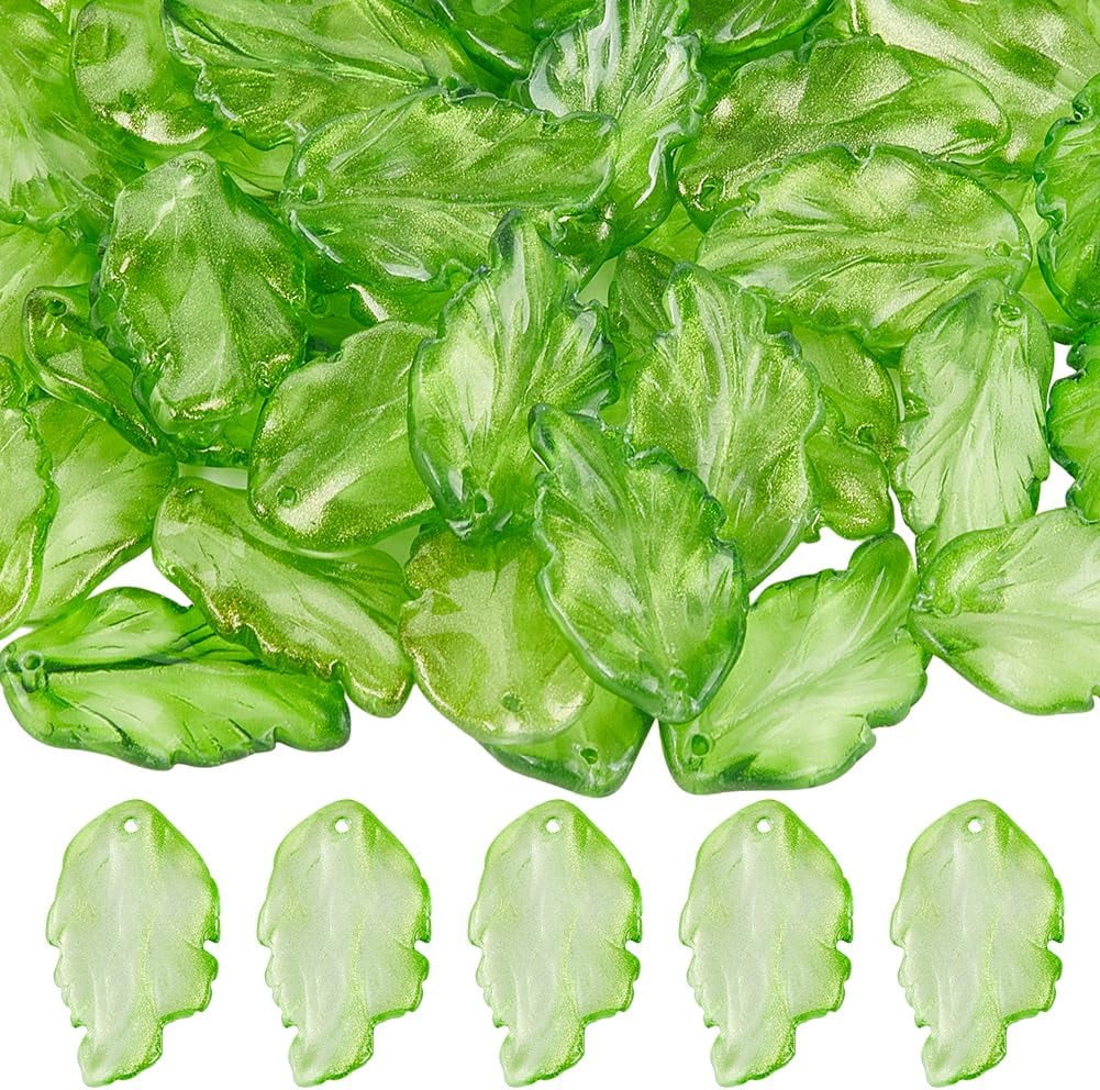 80Pcs Leaf Charm Bead Leaves Charms Bulk Green Transparent Glass ...