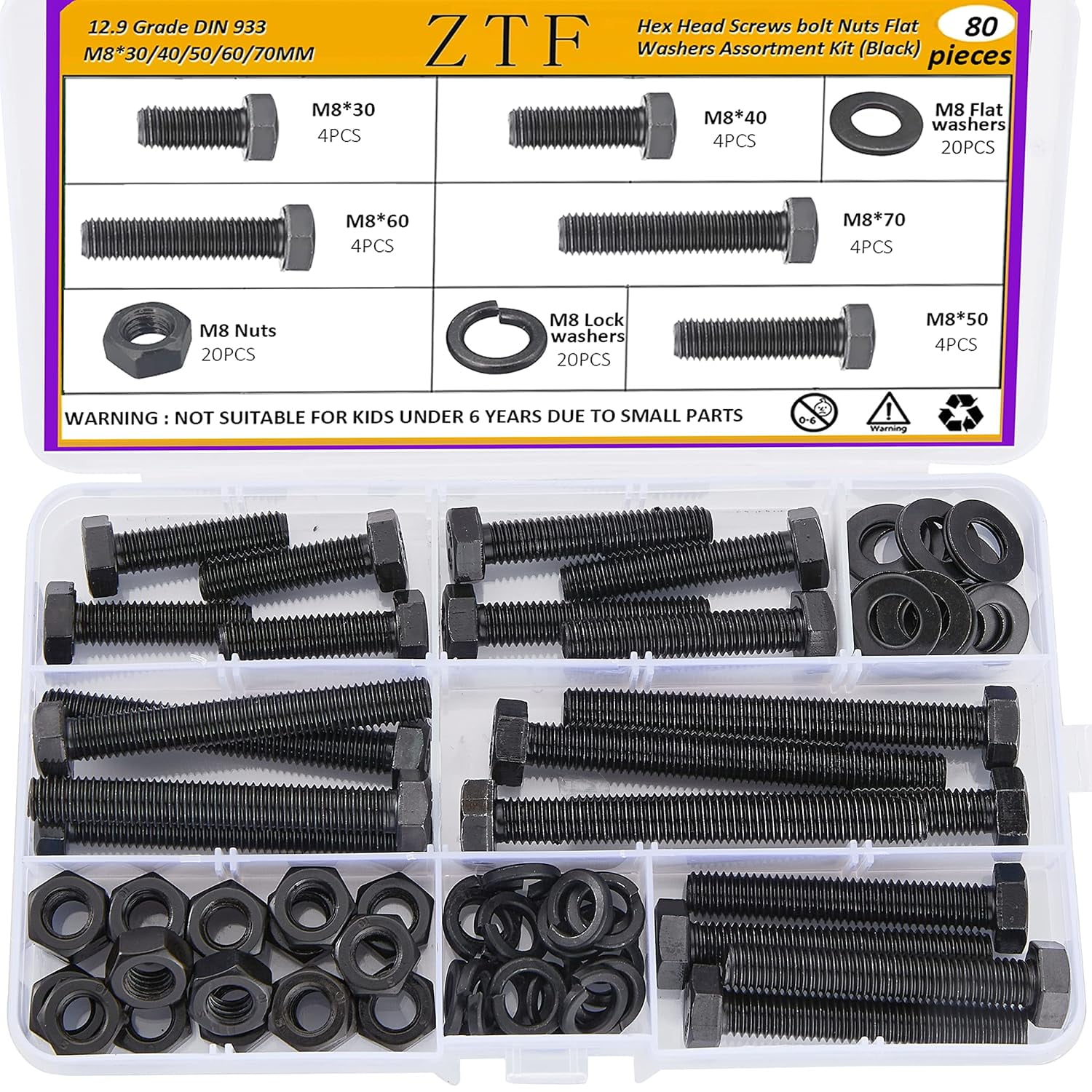 80Pcs m8 x 1.25 Bolt Metric Nuts and Bolts Assortment 30mm, 40mm, 50mm ...