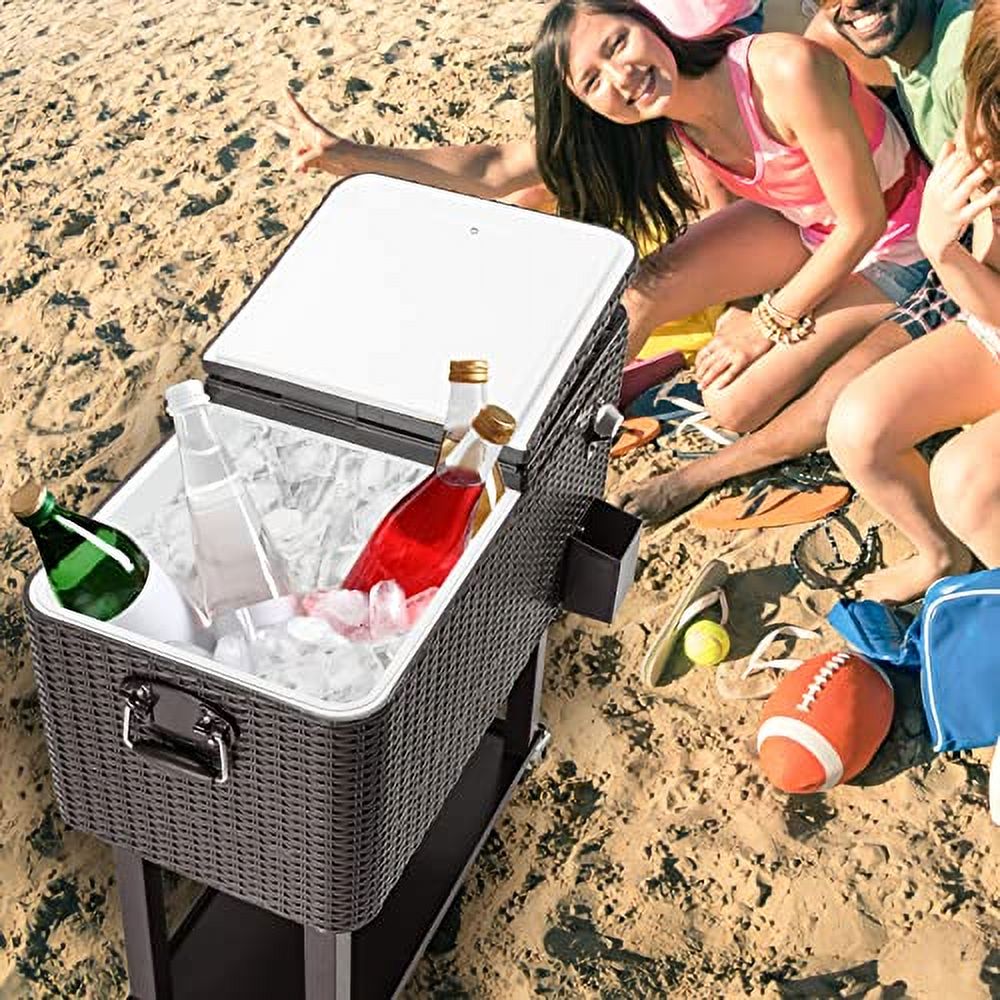 80QT Rattan Cooler with Shelf and Square Legs, Portable Wheeled Cooler ...