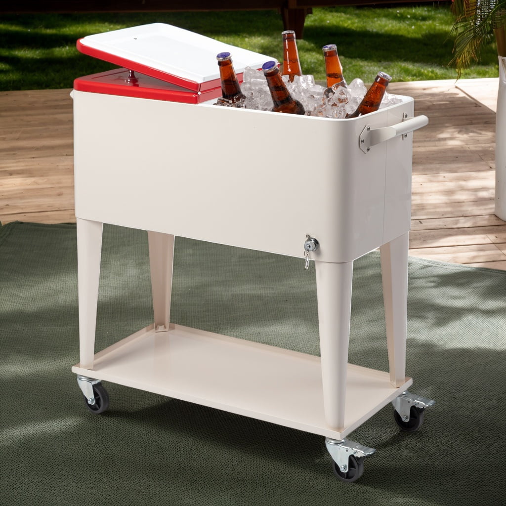 80QT Rolling Cooler Cart, Milk White with Red Lid, Insulated Cooler ...
