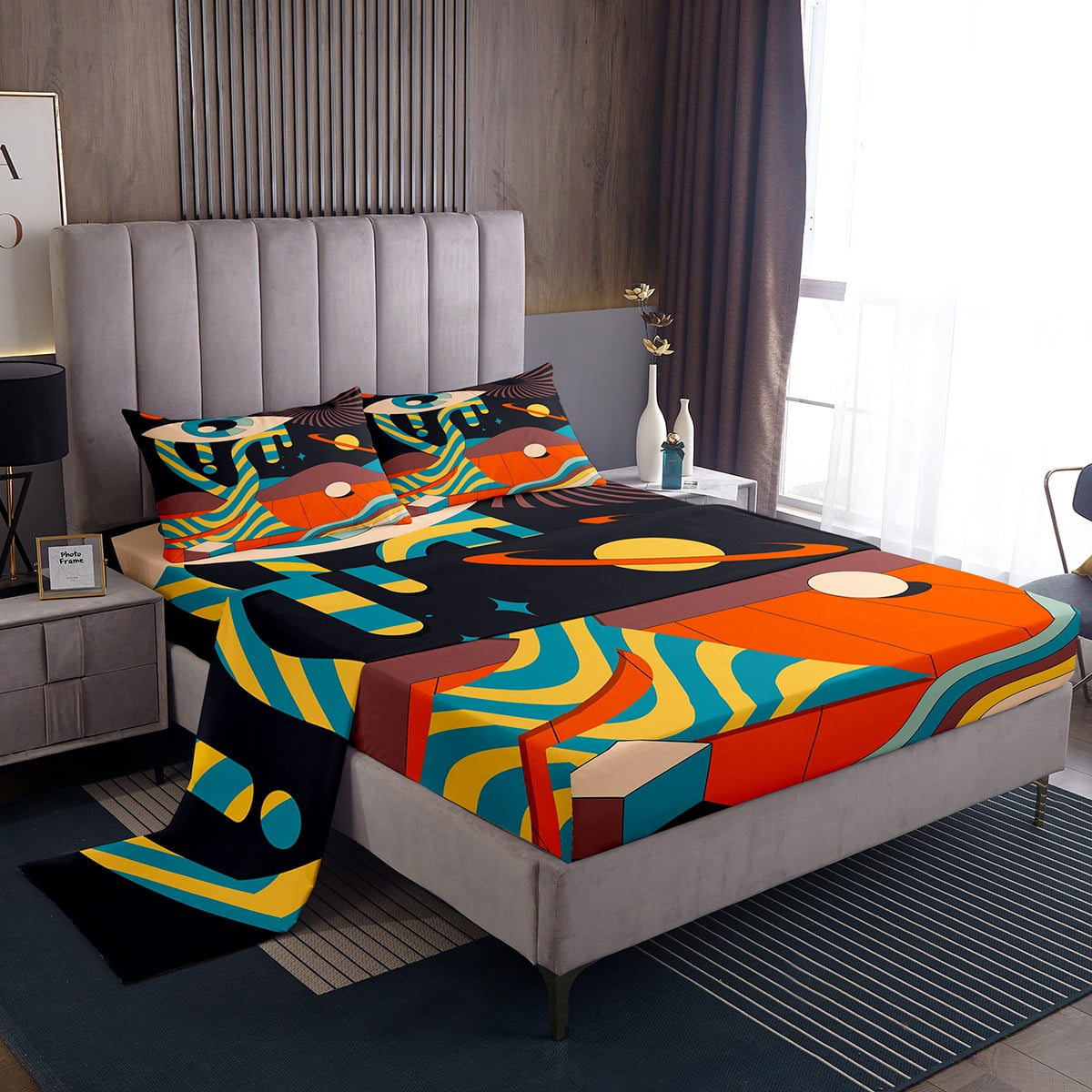 80S 90S Retro Bed Sheets Set Twin Size, Abstract Geometry Fashion Style ...