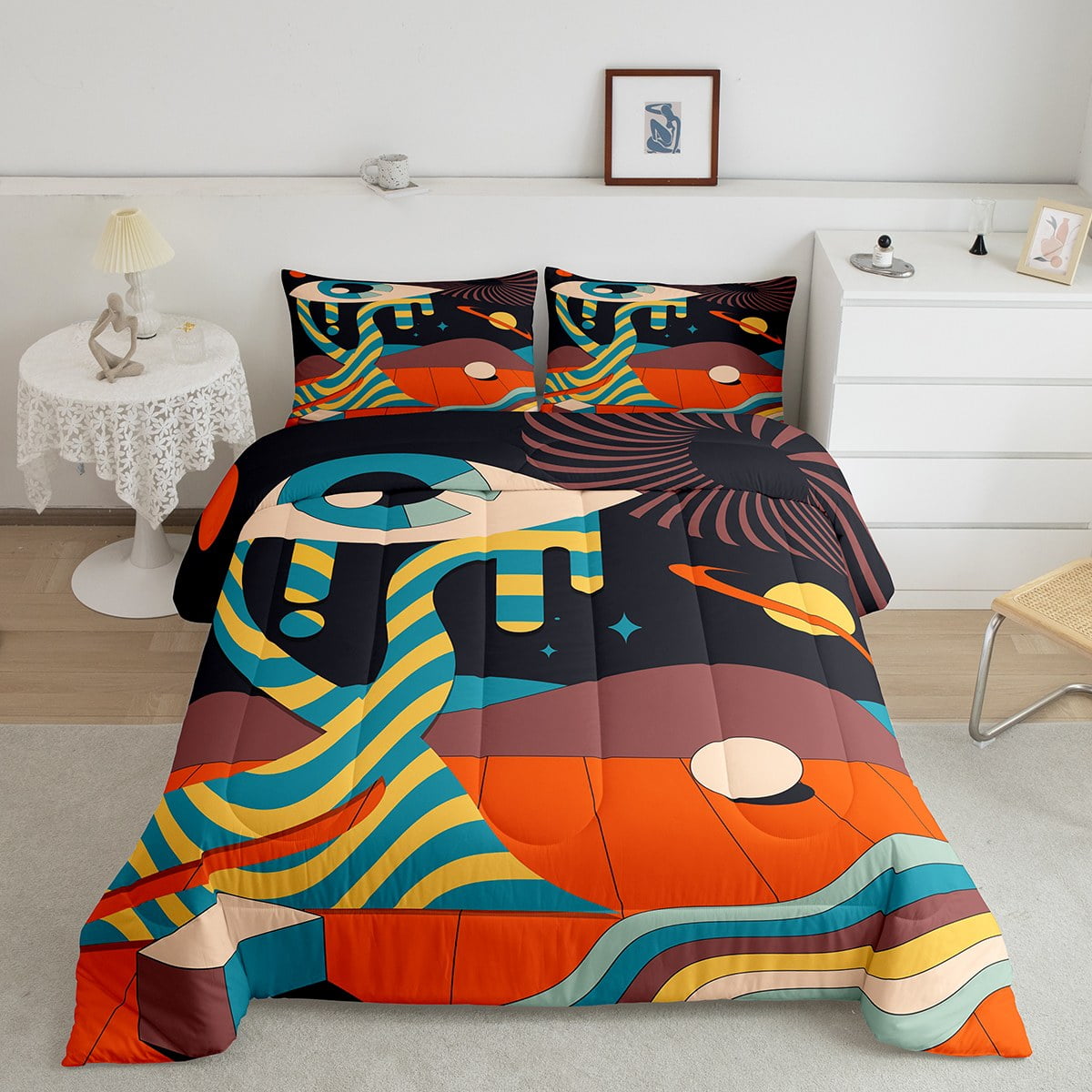 80S 90S Retro Comforter Set Queen Size, Abstract Geometry Fashion Style ...