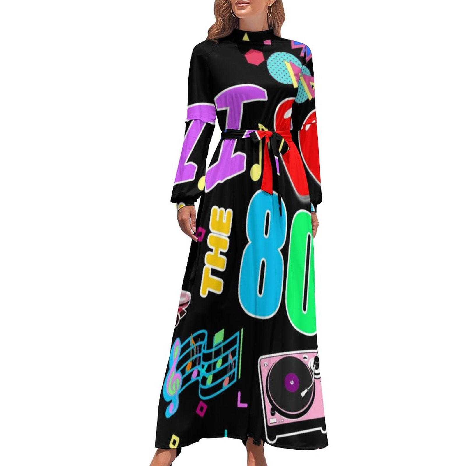 80S Design Aesthetic Dress Blue Polka Dots Vintage Pattern Maxi Dress High Waist Long Sleeve ...