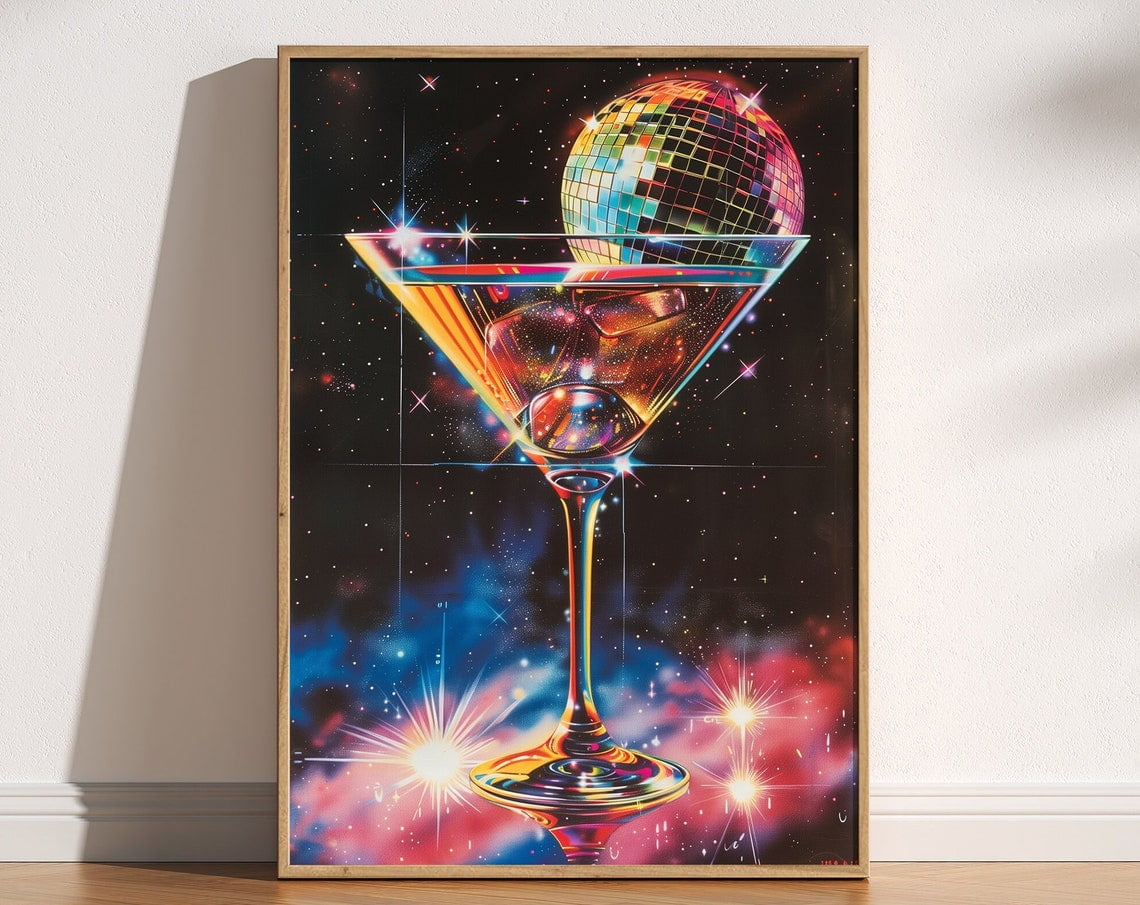80S Martini Glass Print, Martini Glass And Disco Ball, Cosmic Glam ...