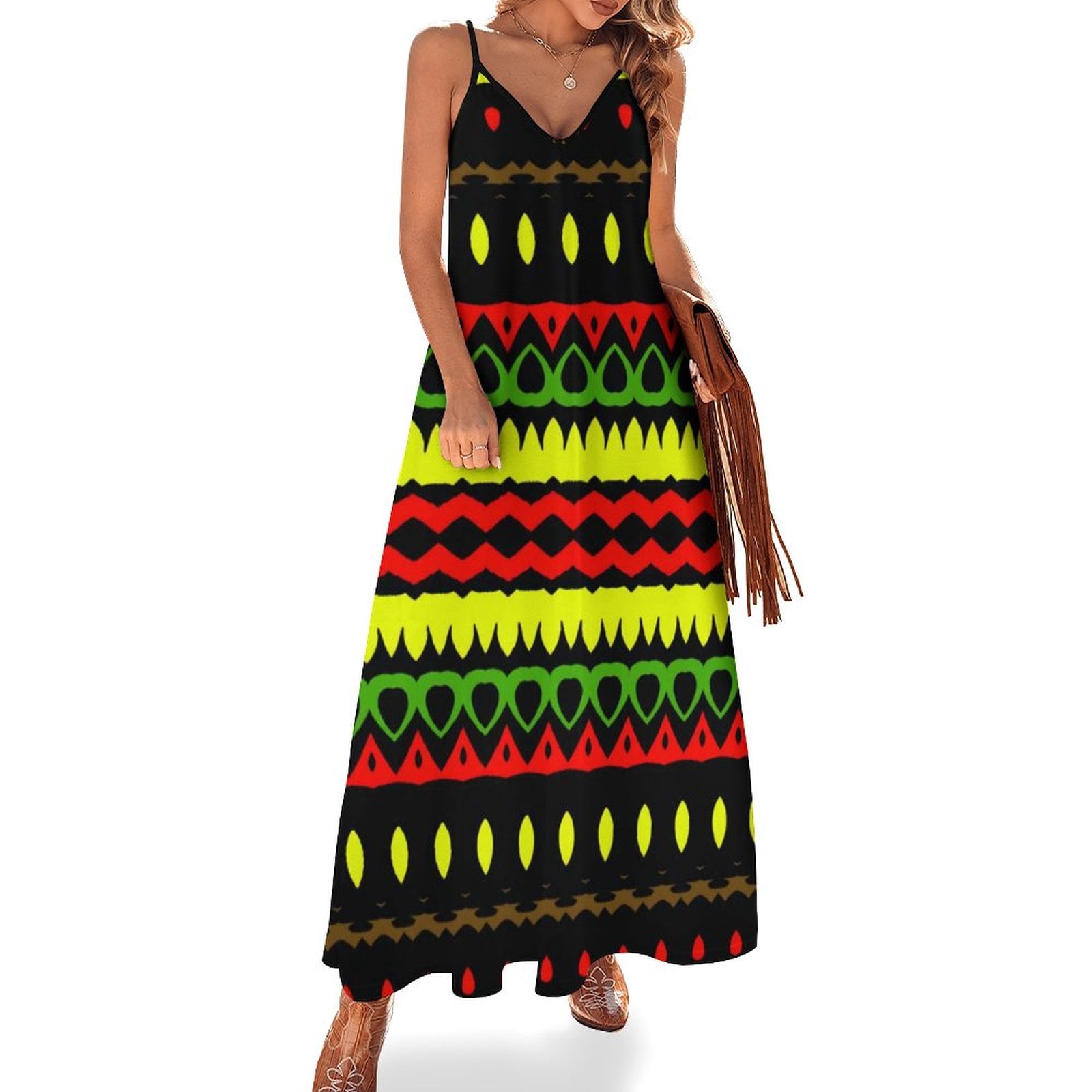 80S Neon Shapes Dress Vintage Pattern Cute Maxi Dress Strap Streetwear ...