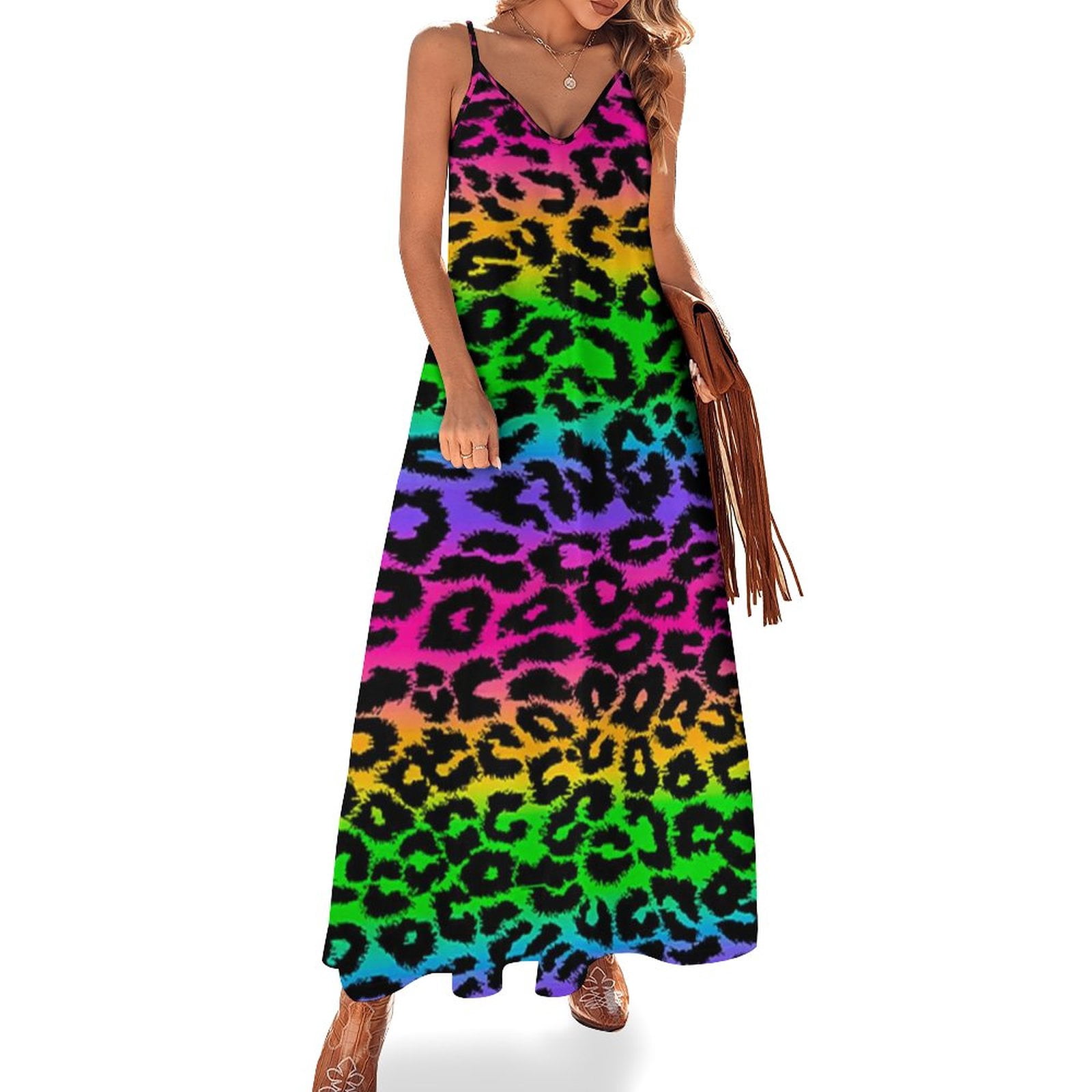 80S Neon Shapes Dress Vintage Pattern Cute Maxi Dress Strap Streetwear ...